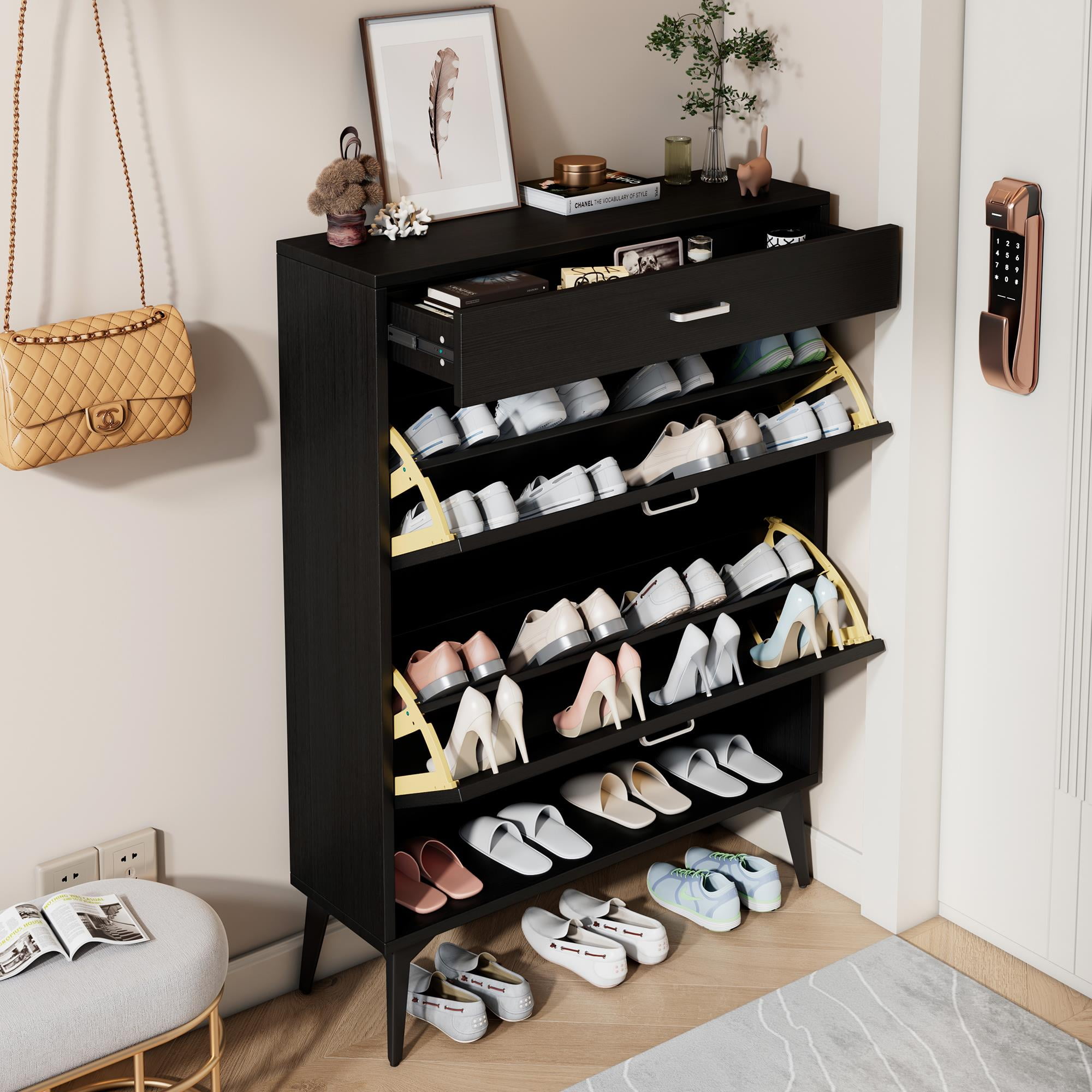 UBesGoo Entryway Enclosed Shoe Cabinet, Flip Drawers & Open Storage ...