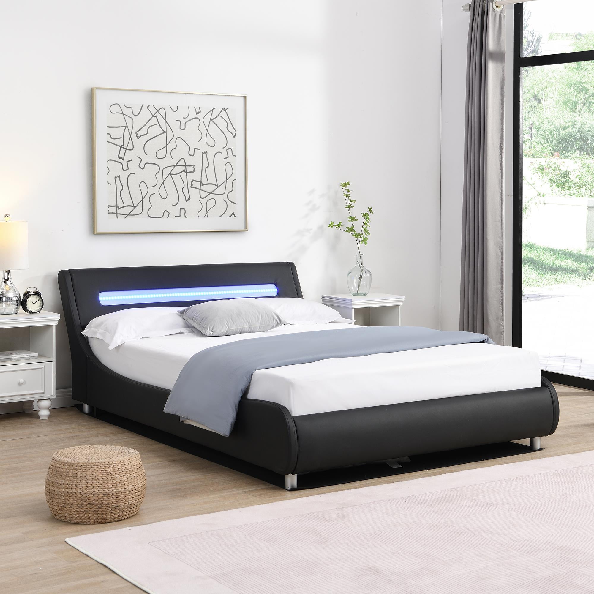 UBesGoo Full Size Low Profile Upholstered Platform Bed with LED ...