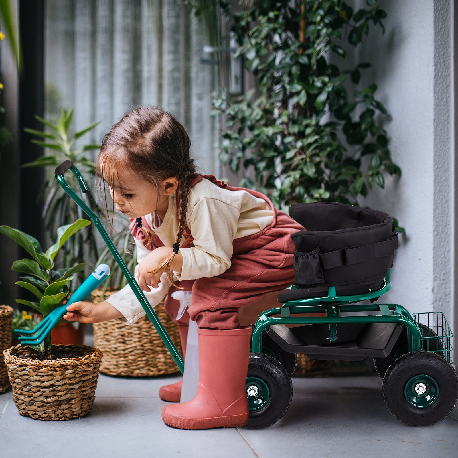 UBesGoo Garden Cart, Outdoor Rolling Garden Scooter W/Adjustable 360 ...