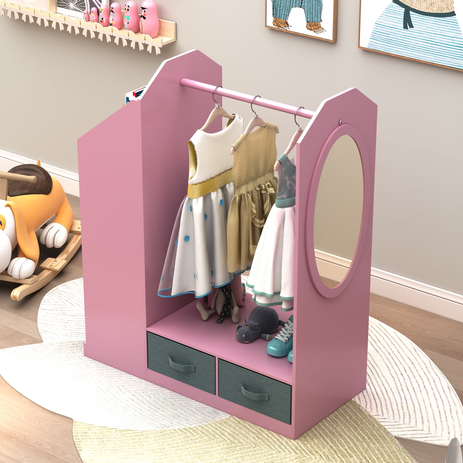 UBesGoo Kid's See and Store Dress-up Center w/ Mirror & Bookshelves ...