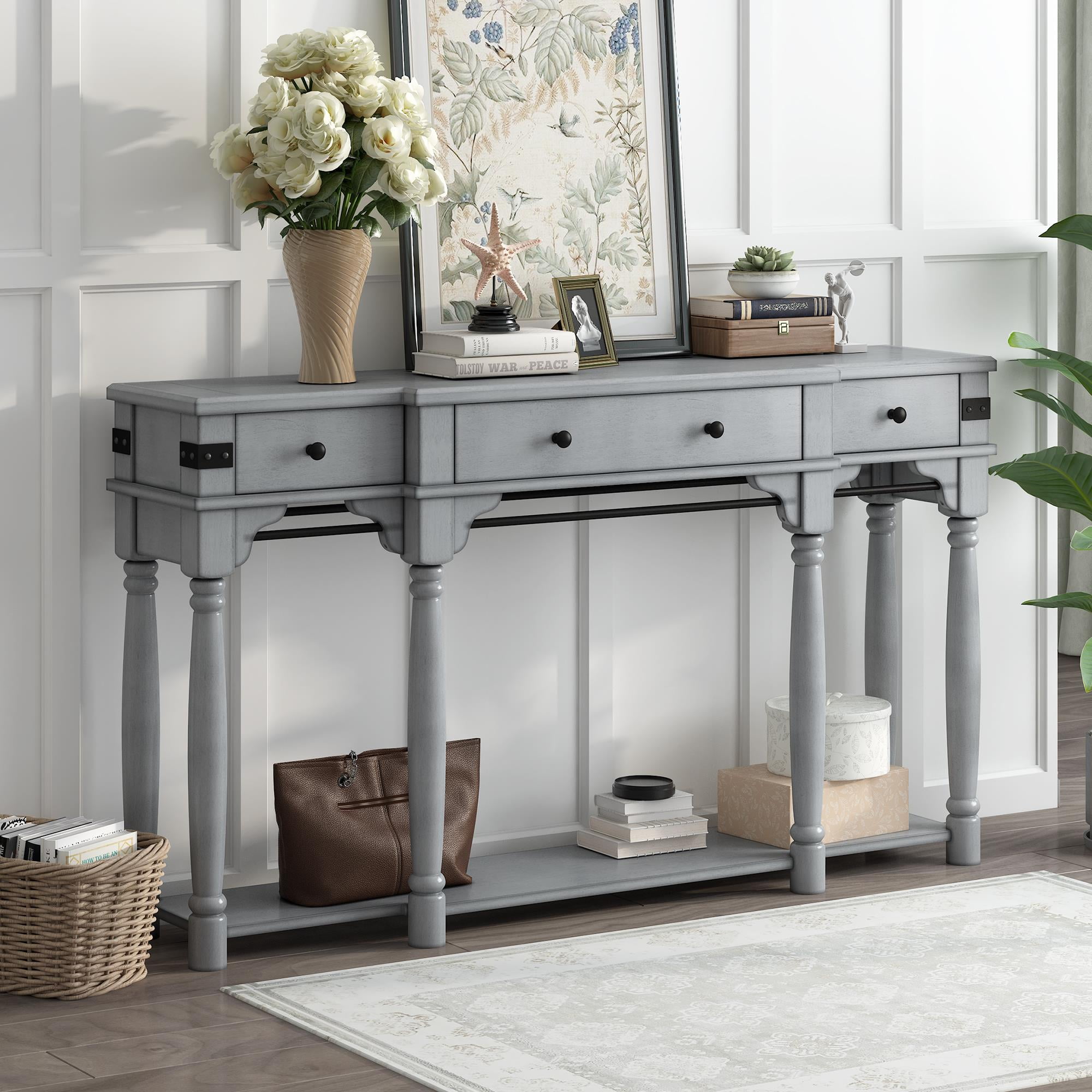UBesGoo Mediterranean Retro 60" Console Table Sofa Table with 3 Drawers ...