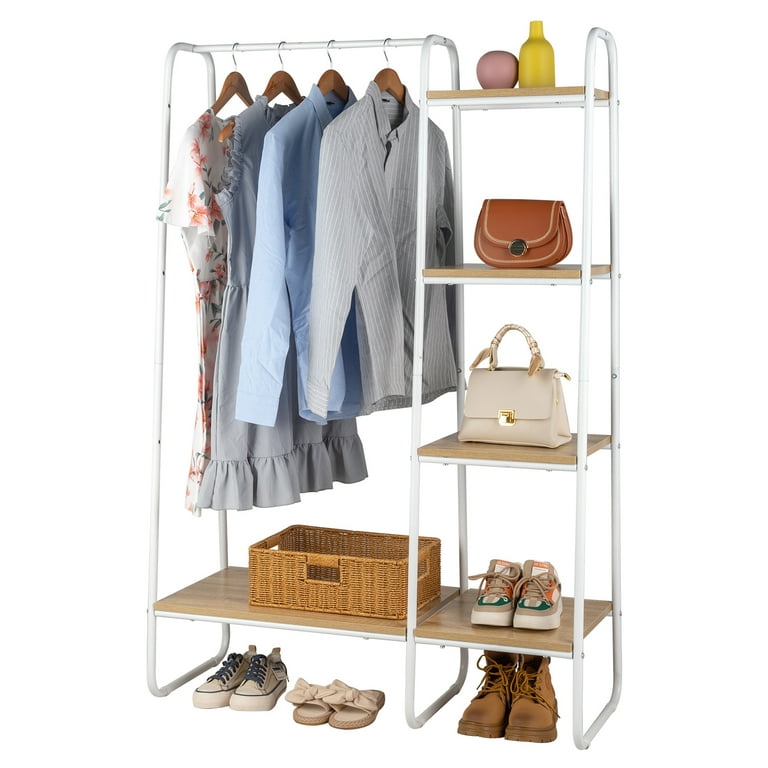 UBesGoo Metal Clothes Rack with 4 Tiers Wood Shelves Heavy Duty Garment Rack for Clothing Storage White