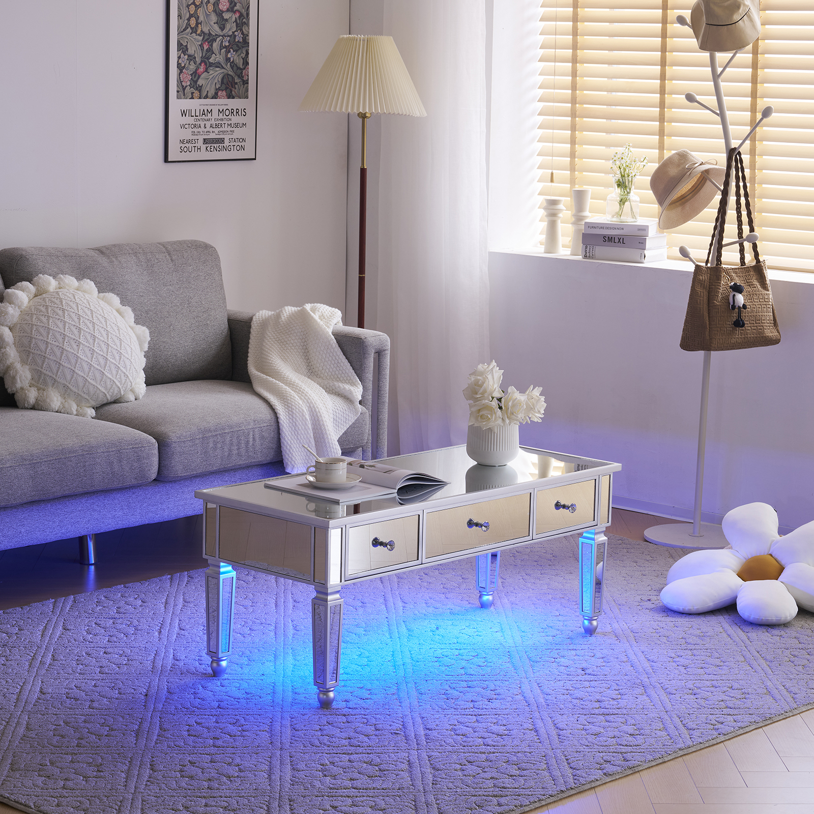 UBesGoo Mirrored Coffee Table with LED Lights, 3 Drawers Rectangle ...