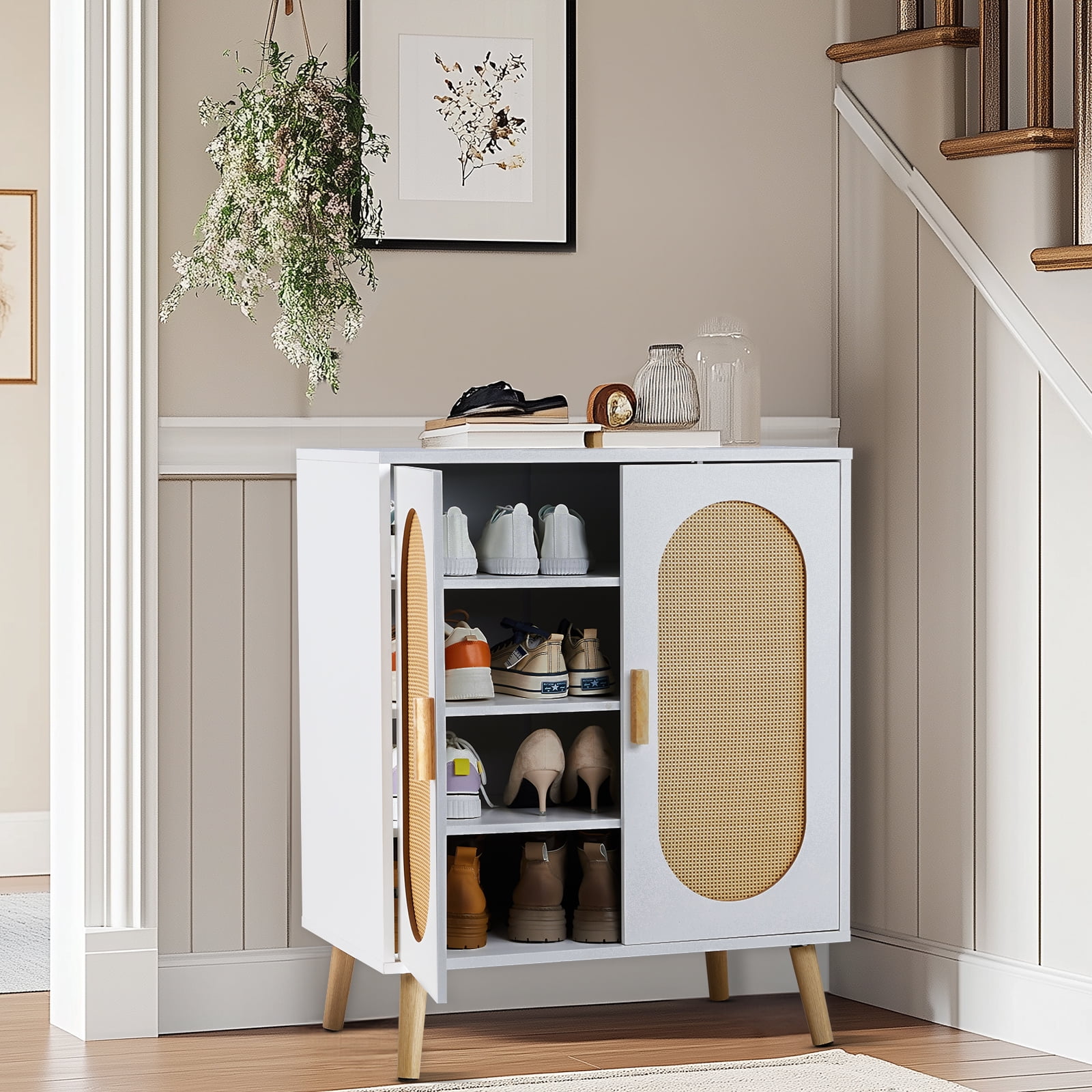 UBesGoo Modern Rattan Shoe Storage Cabinet, 4 Layers Entryway Shoe ...