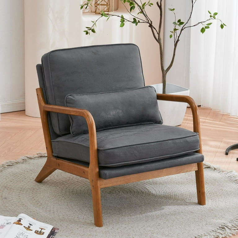 Ubesgoo Modern Wood Club Chair Bronzing Cloth Fabric Fabric Upholstered Reading Accent Chair with Solid Wood Frame Dark Gray