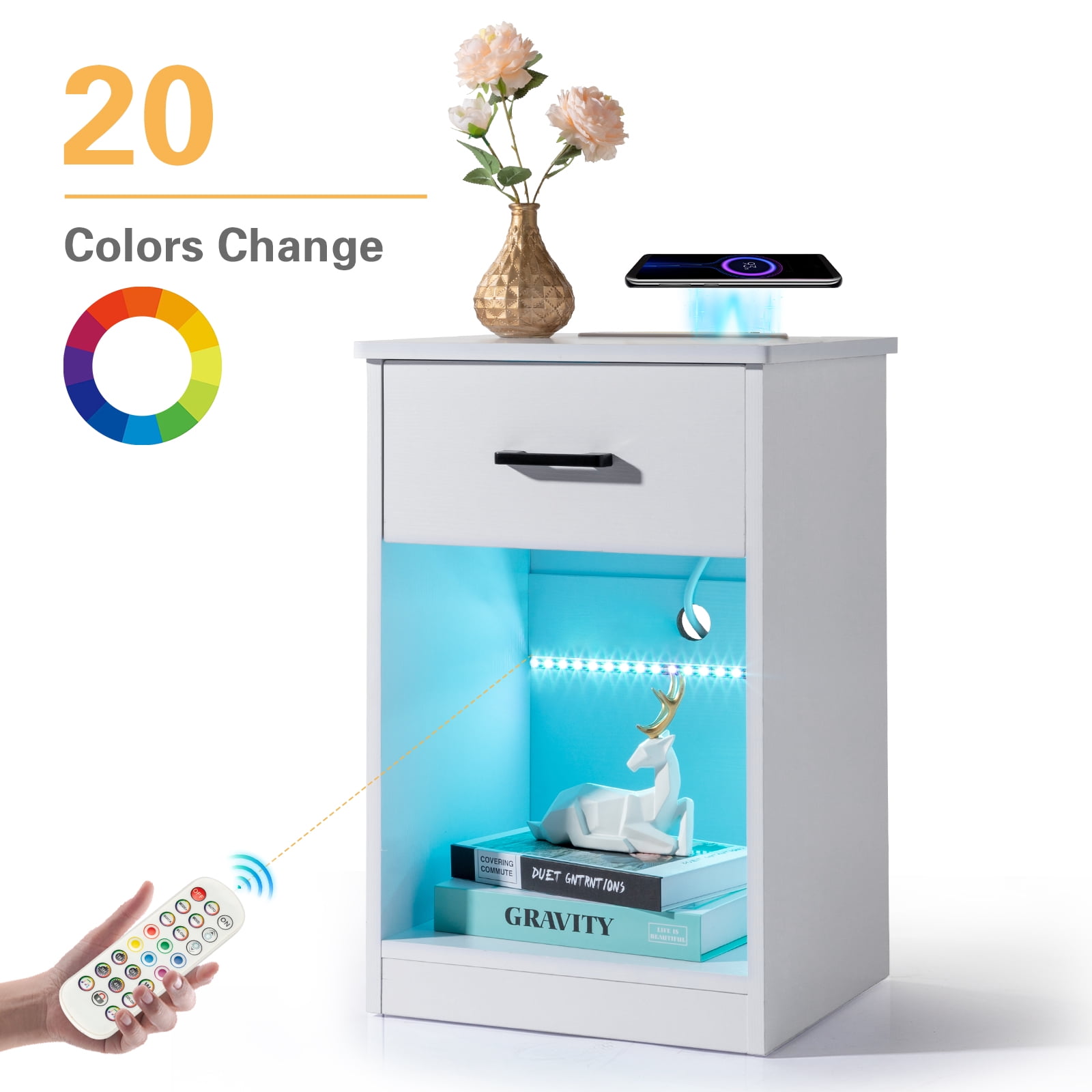 UBesGoo Wireless Charging Nightstand, LED Side Table with Drawer, Open ...