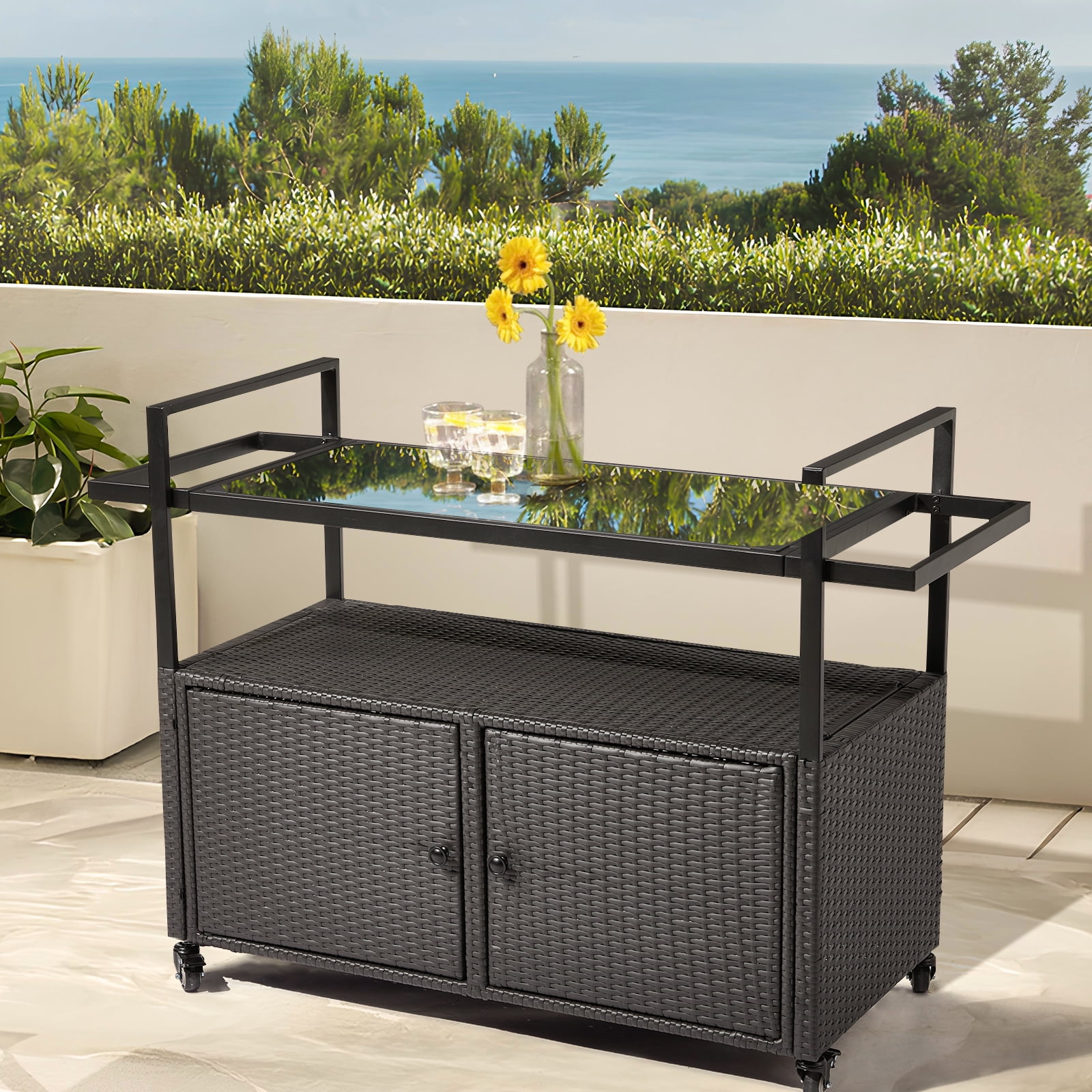 UBesGoo Patio Outdoor Ratten Bar Table Cart w/4 Wheel, Weather ...