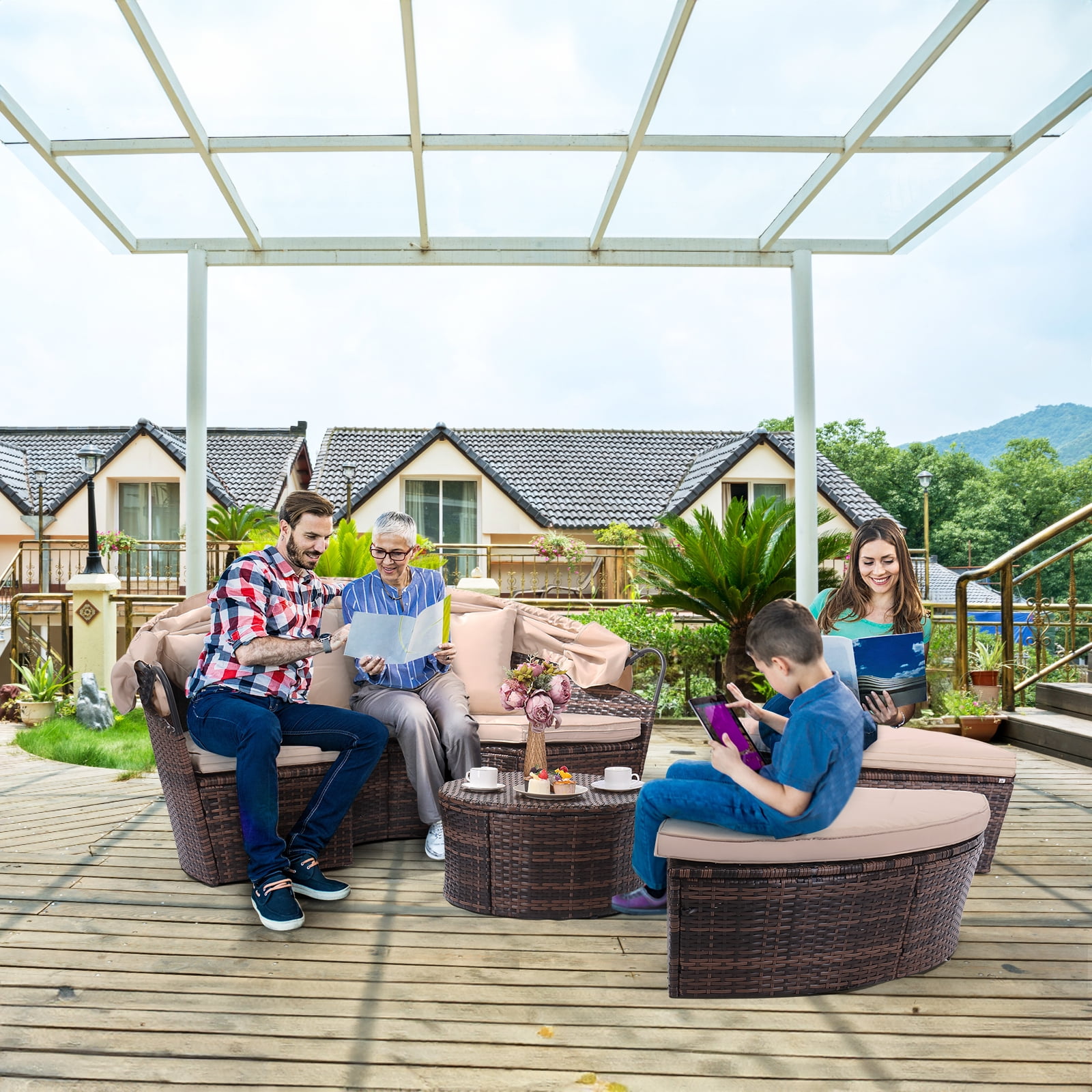 UBesGoo Patio Rattan Bed with Cushions, All Weather PE Wicker Sunbed ...