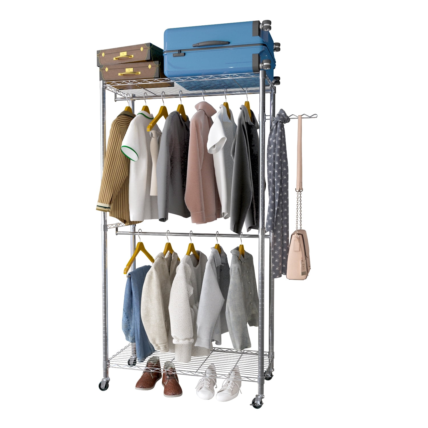 UBesGoo Portable Double Clothes Rod Garment Rack Heavy Duty Rolling ...