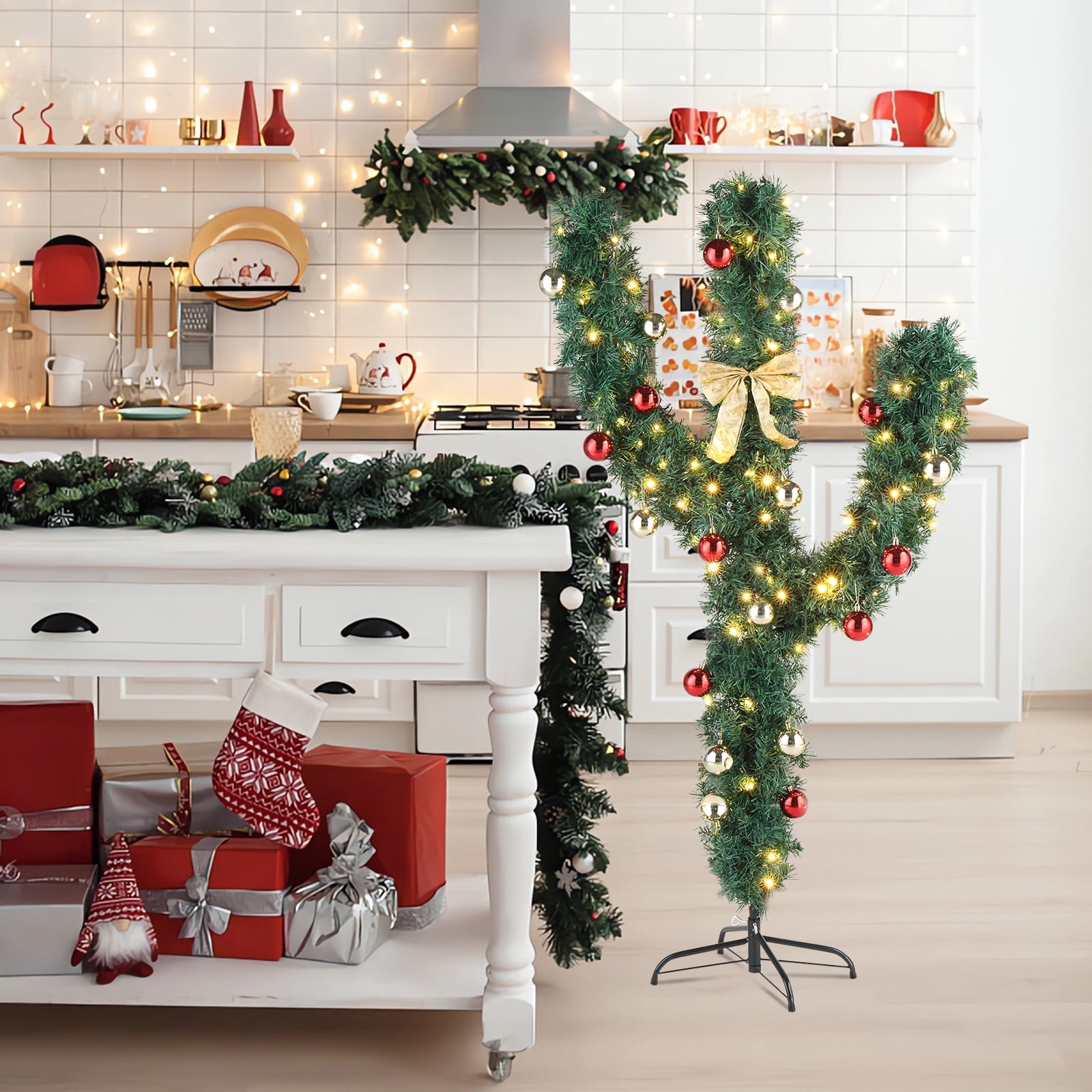 UBesGoo Prelit Christmas Tree Cactus Shape 5ft Full Flocking 110 Lights ...
