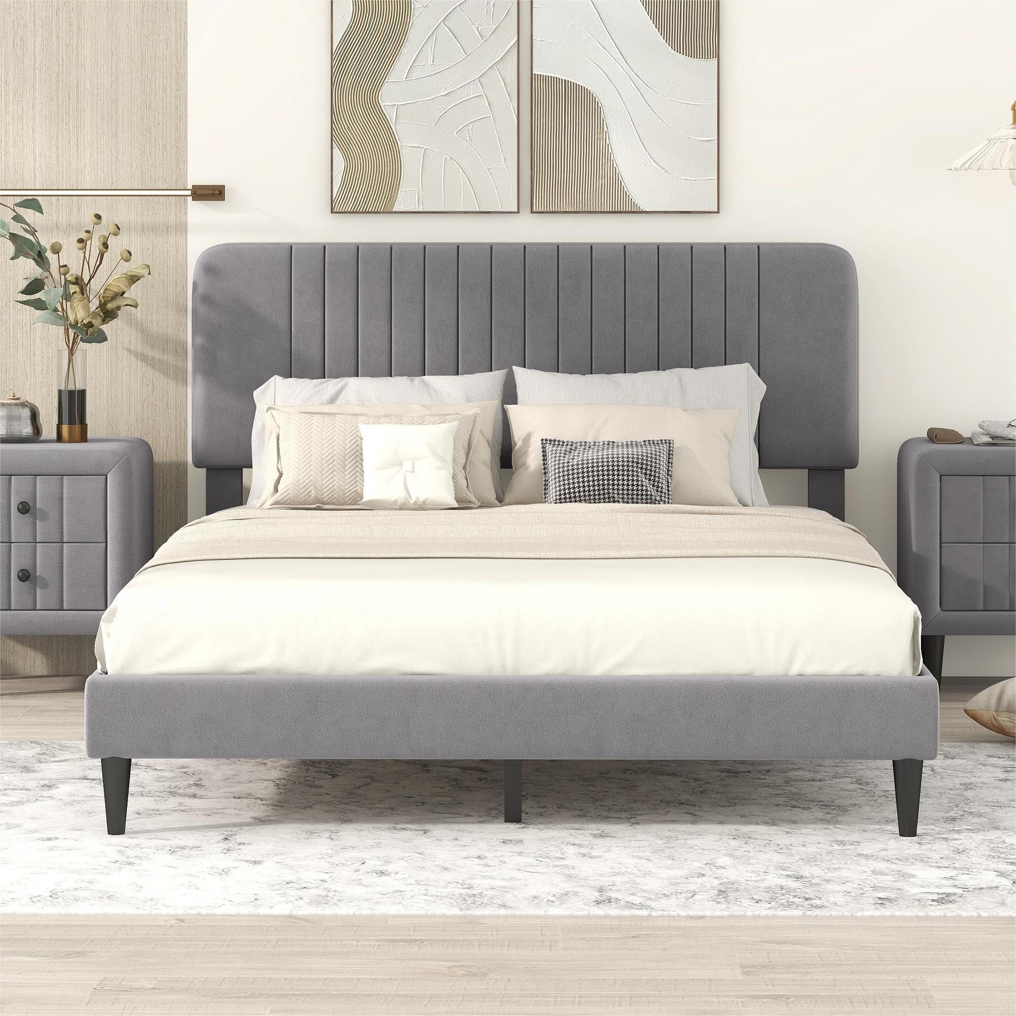 UBesGoo Queen Size Upholstered Platform Bed,No Box Spring Needed ...