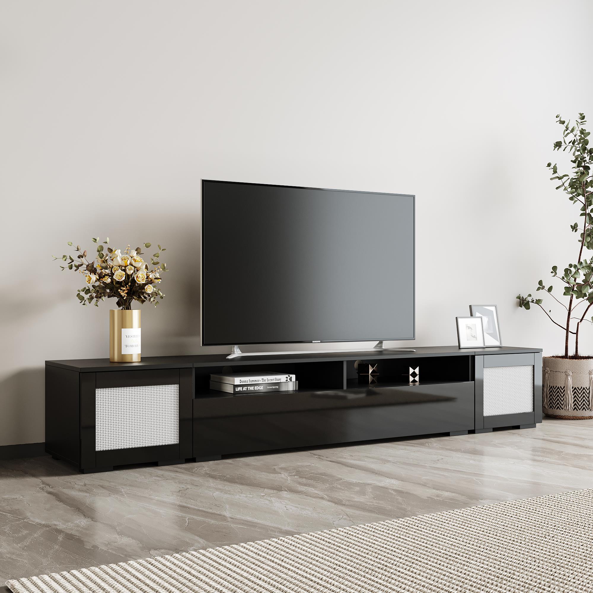UBesGoo Rattan Style TV Console Table for TVs Up to 90" High Gloss TV ...