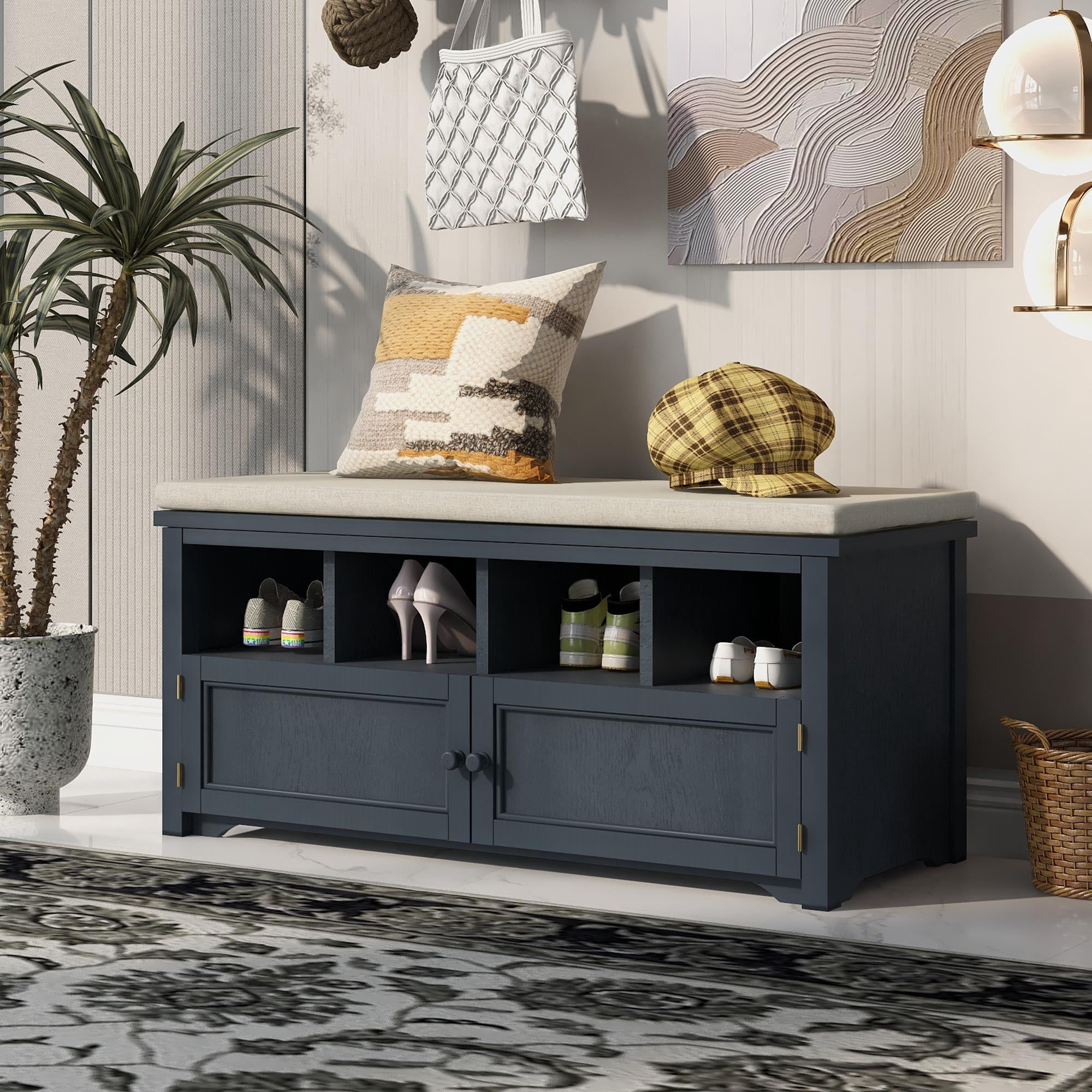 Ubesgoo Rustic 2-Door Storage Bench, Solid Wood Shoe Rack with ...