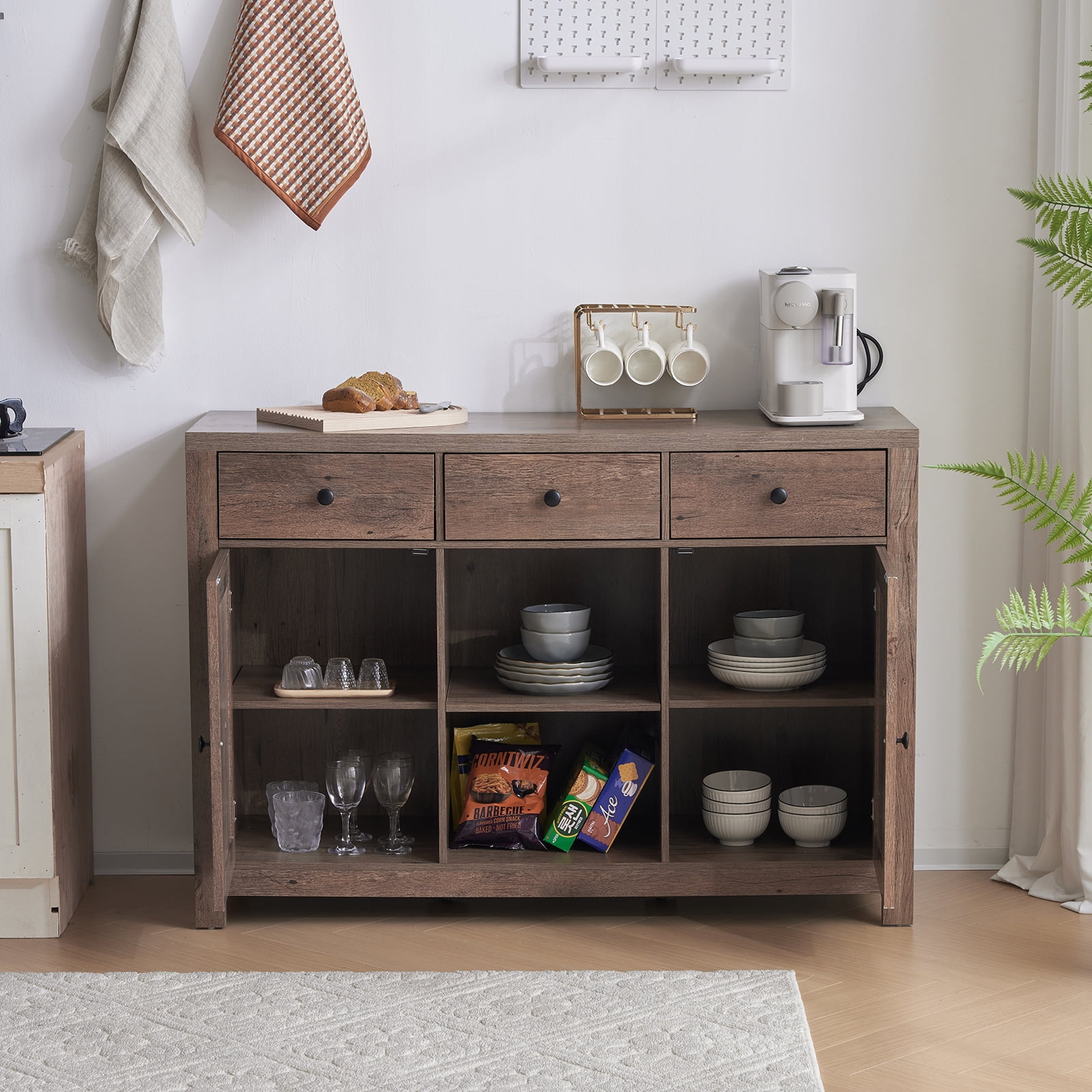 UBesGoo Rustic Sideboard, Buffet Server Bar Wine Storage, 3 Drawers ...