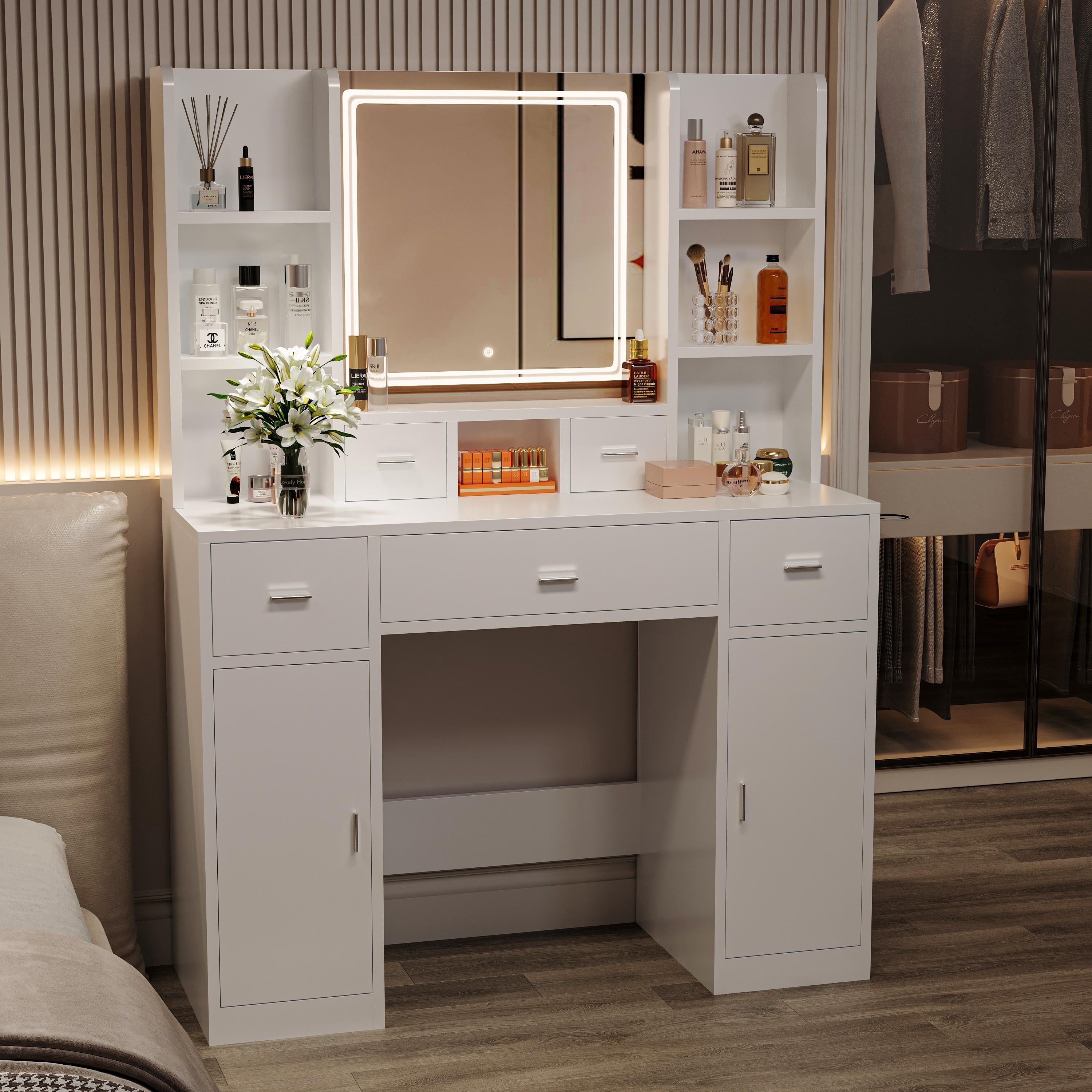 UBesGoo Spacious Vanity Table with Lighted Mirror&6 shelves, Dressing ...