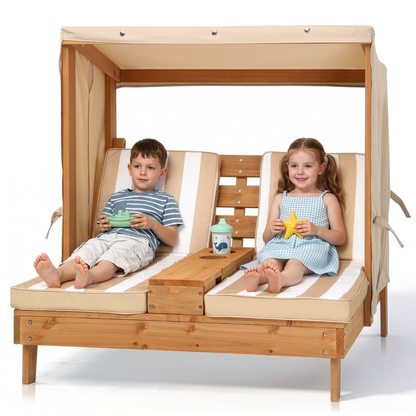 UBesGoo Toddler 2-Seater Patio Daybed with Canopy, Kids Wooden Outdoor ...