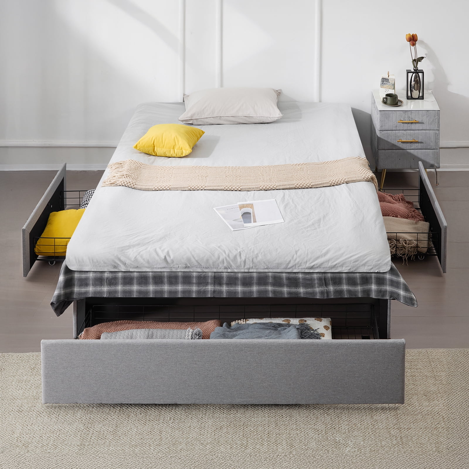 UBesGoo Upholstered Full Bed Frame w/ 3 Drawers, Platform Bed Frame，No ...