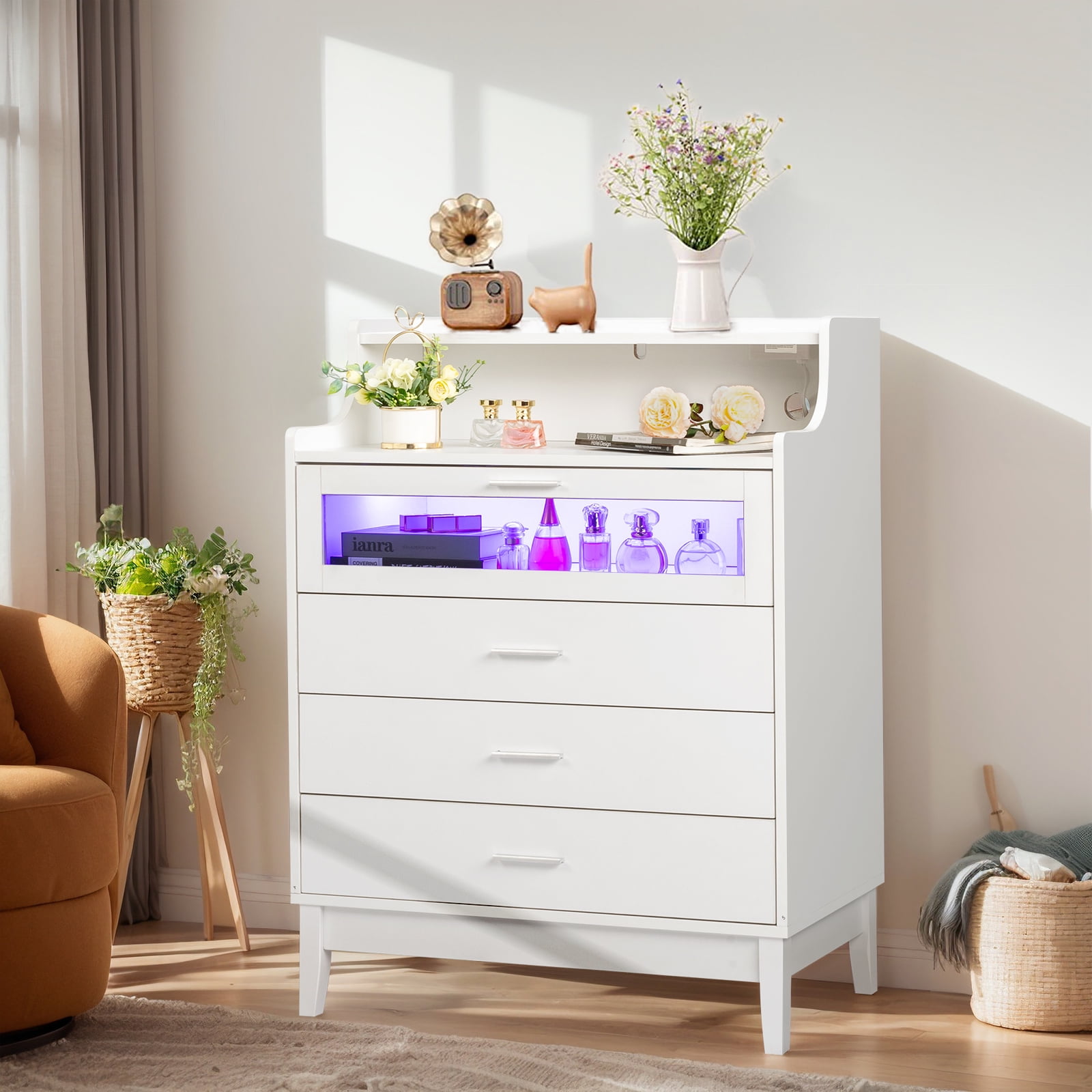 FCH White 4 Drawer Dresser with RGB LED Lights, MDF Wood, USB Port ...