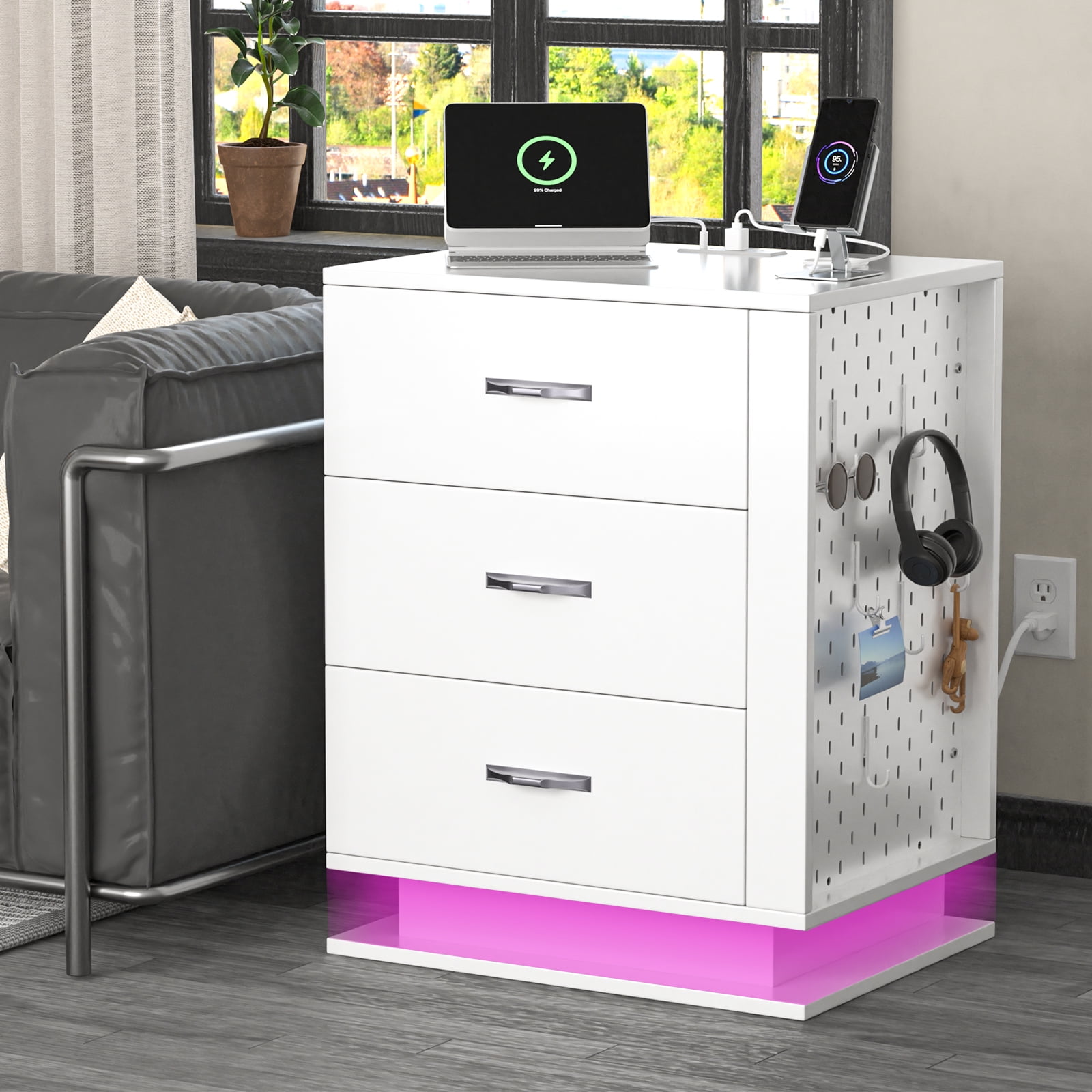 UBesGoo White Nightstand with Charging Station and DIY Pegboard & Hooks ... UBesGoo White Nightstand with Charging Station and DIY Pegboard & Hooks ...
