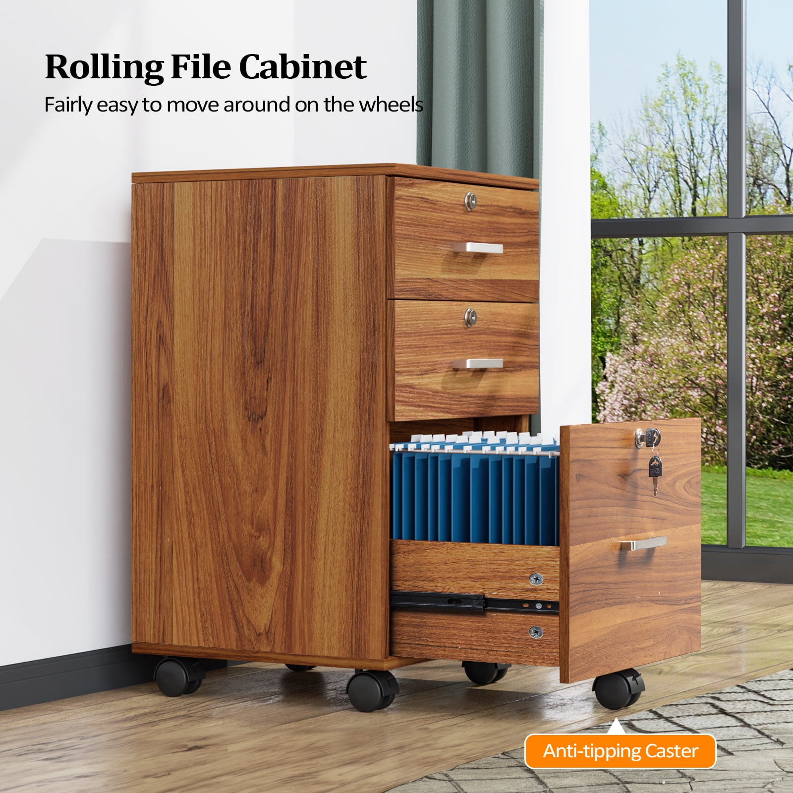 UBesGoo Wood Rolling File Cabinet Letter Size with 3 Drawers, Portable ...