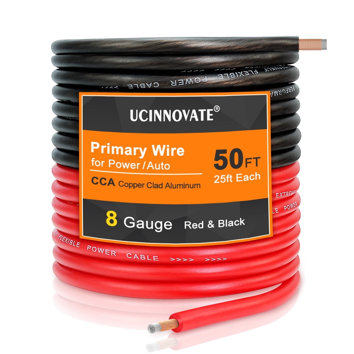 UCINNOVATE 8 Ga Wire 50ft CCA Wire, (25ft Black+25ft Red) Automotive ...