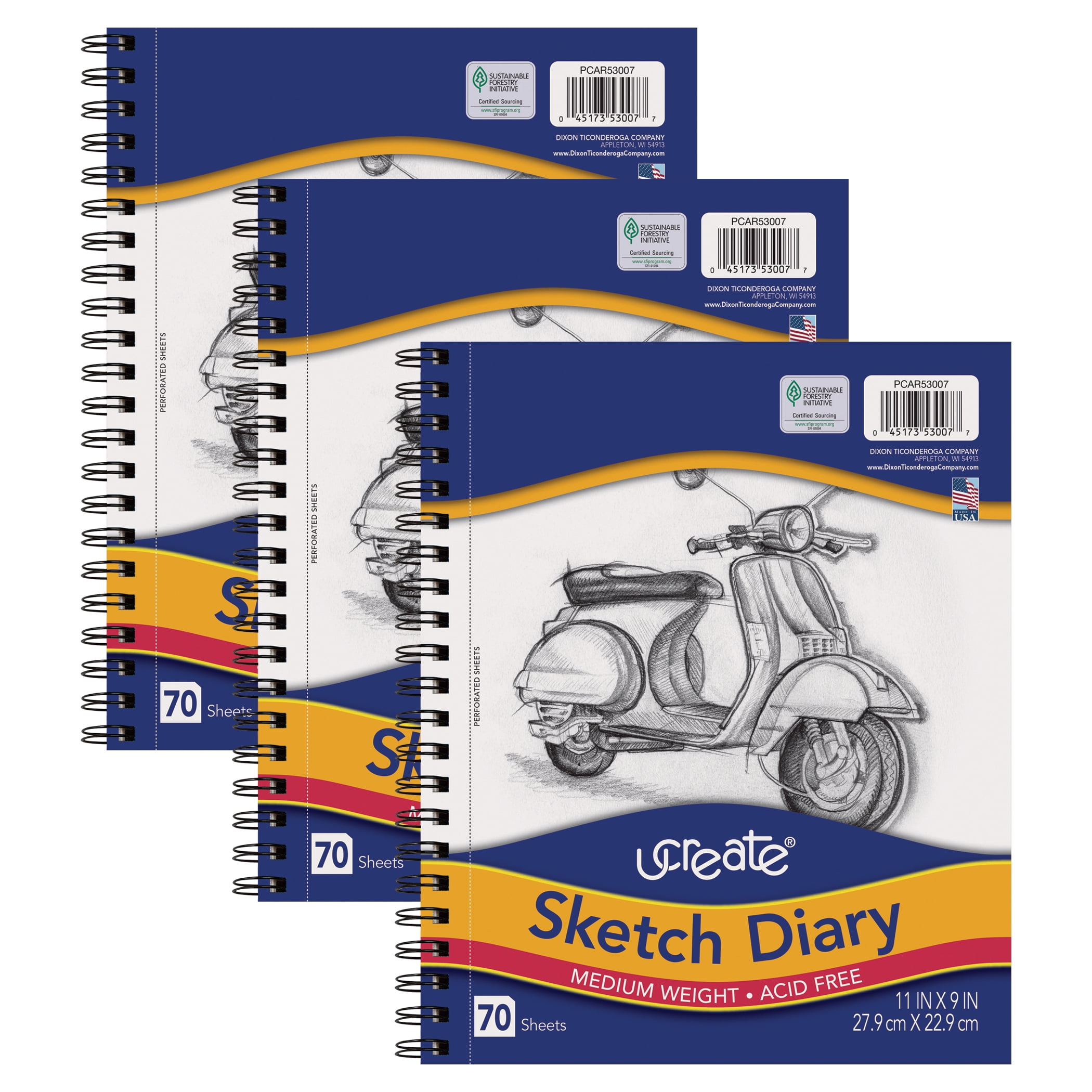 UCreate Sketch Diary, Medium Weight, 11" x 9", 70 Sheets, Pack of 3 ...
