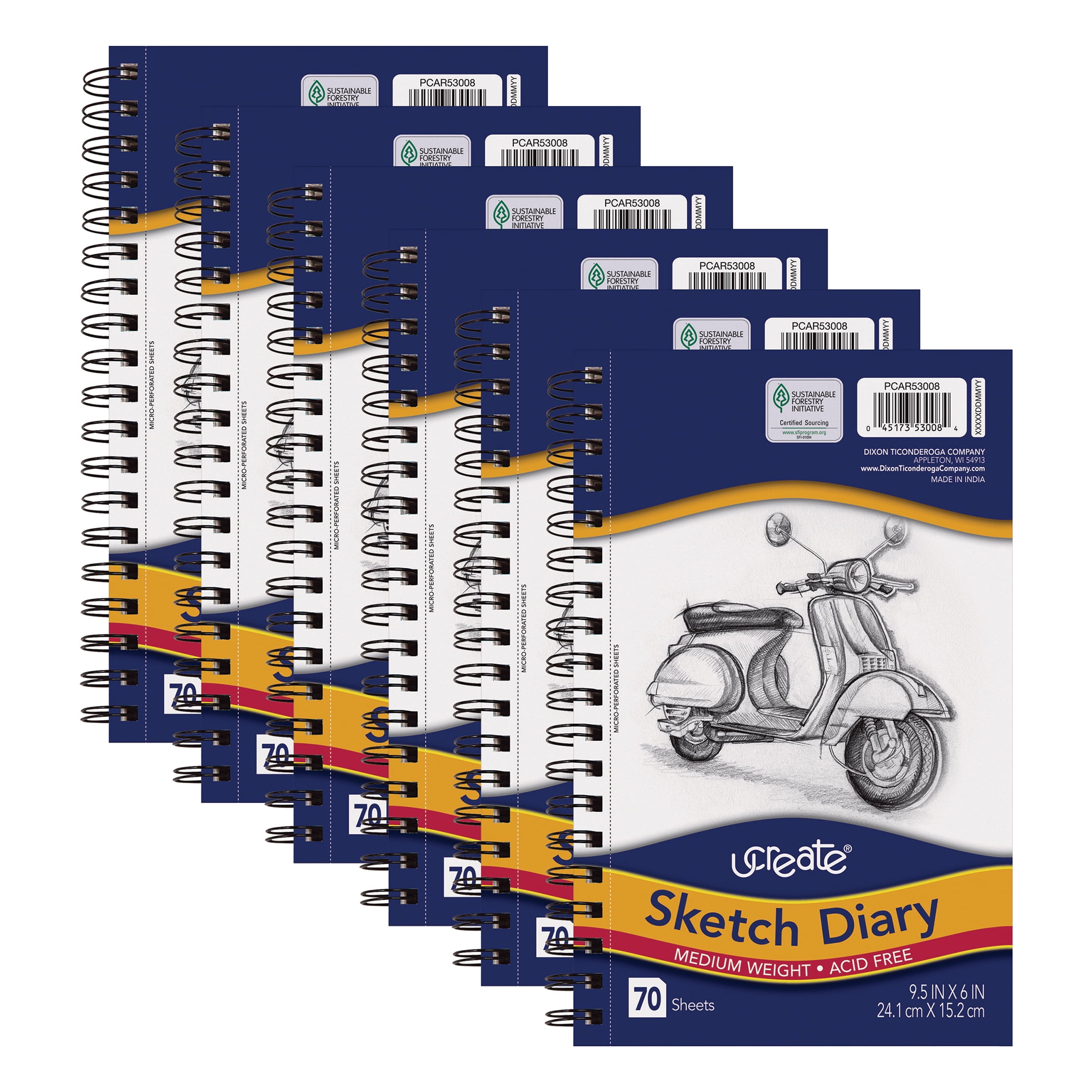 UCreate Sketch Diary, Medium Weight, 9-1/2" x 6", 70 Sheets, Pack of 6 ...