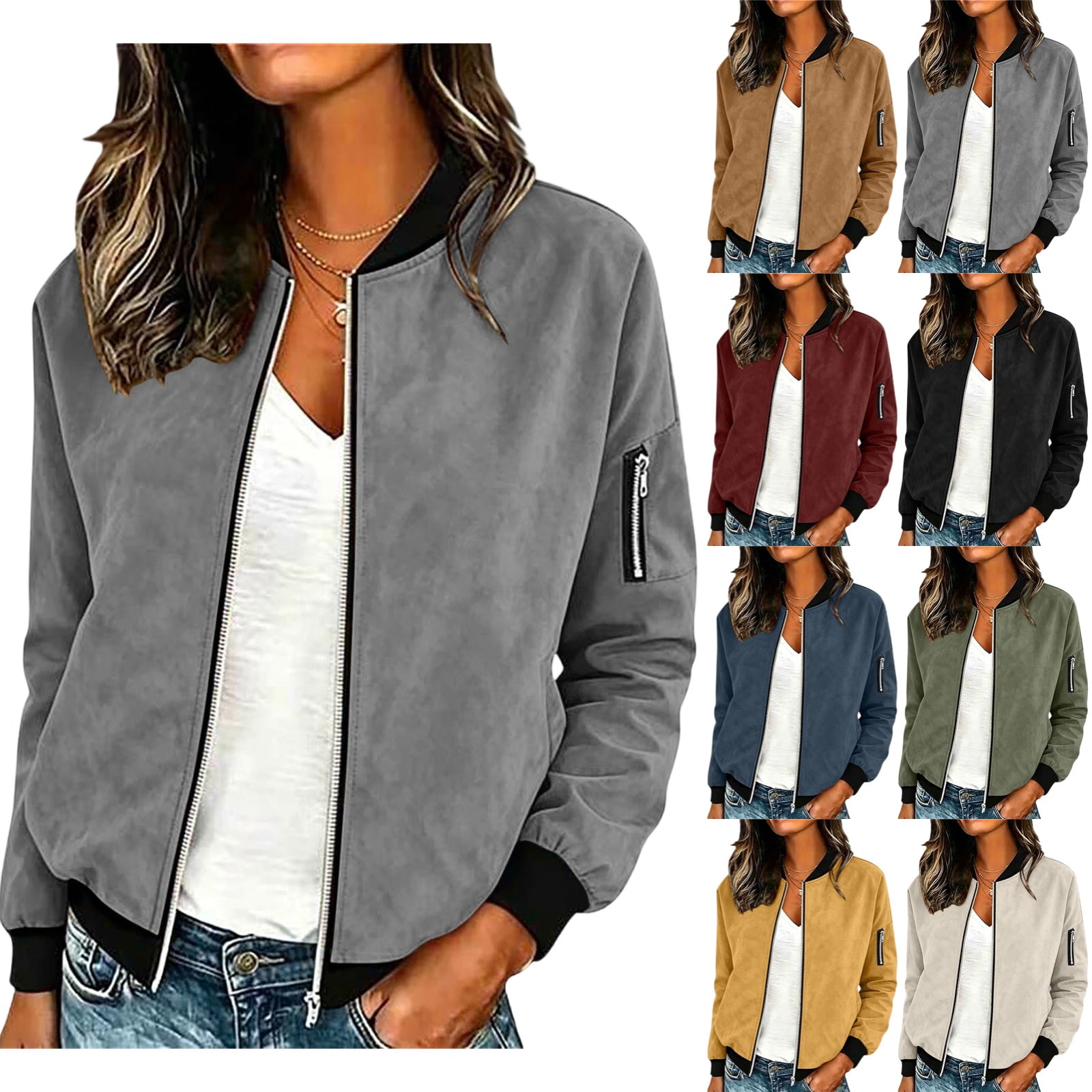 UDAUDU Womens Bomber Jacket Faux Suede Zip Up Long Sleeve Stand Collar ...
