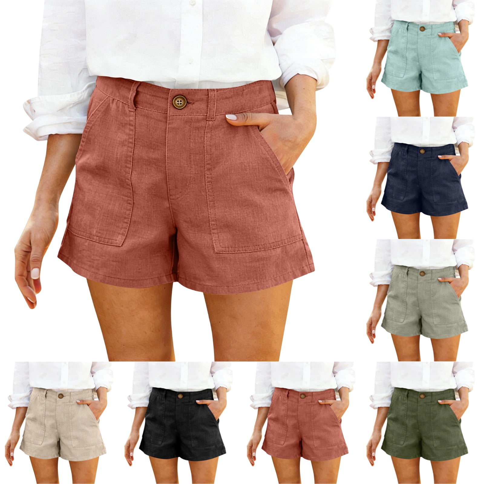 UDAUDU Womens Linen Shorts High Waist Casual Comfort Bermuda Shorts ...