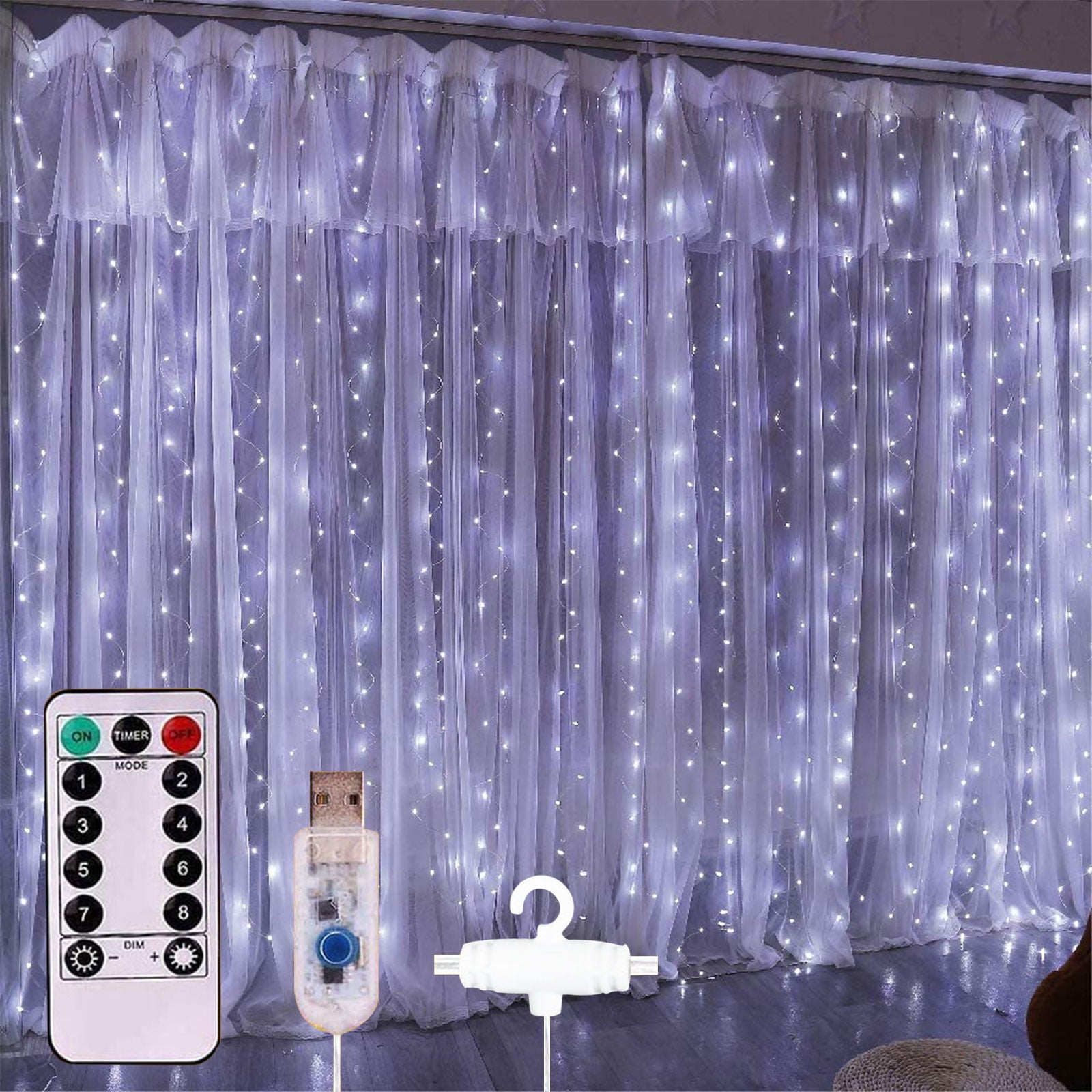 UDAXB Curtain Lights, 300 LED Curtain String Lights, 8 Modes Plug in ...