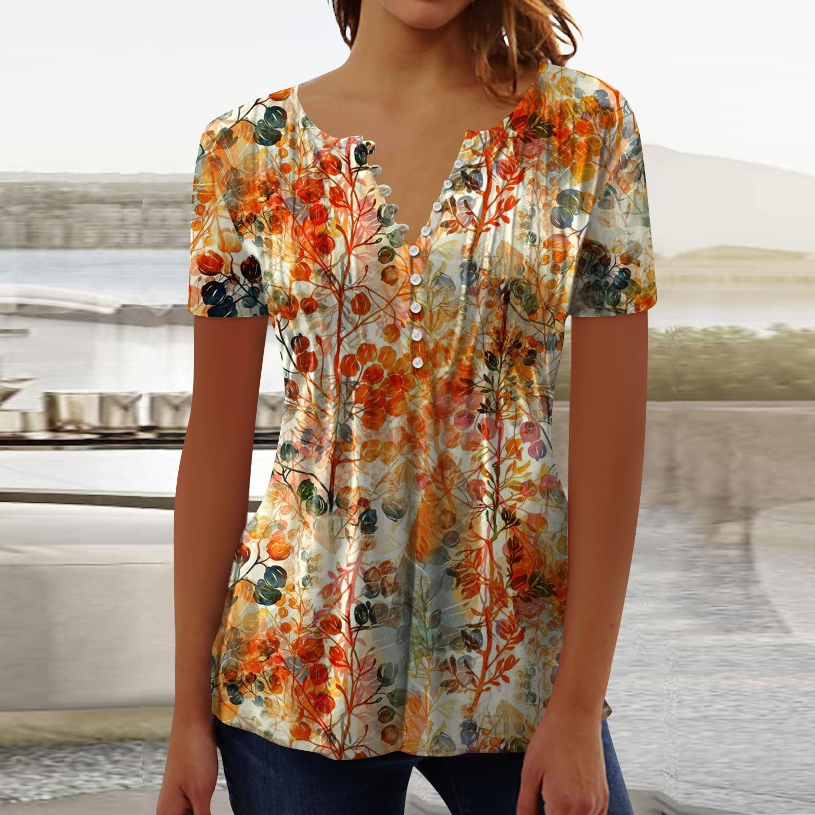 UDAXB Womens Blouses Short Sleeve Women's Plus Peplum Plus Size Floral Summer Henley Shirts Tops ...