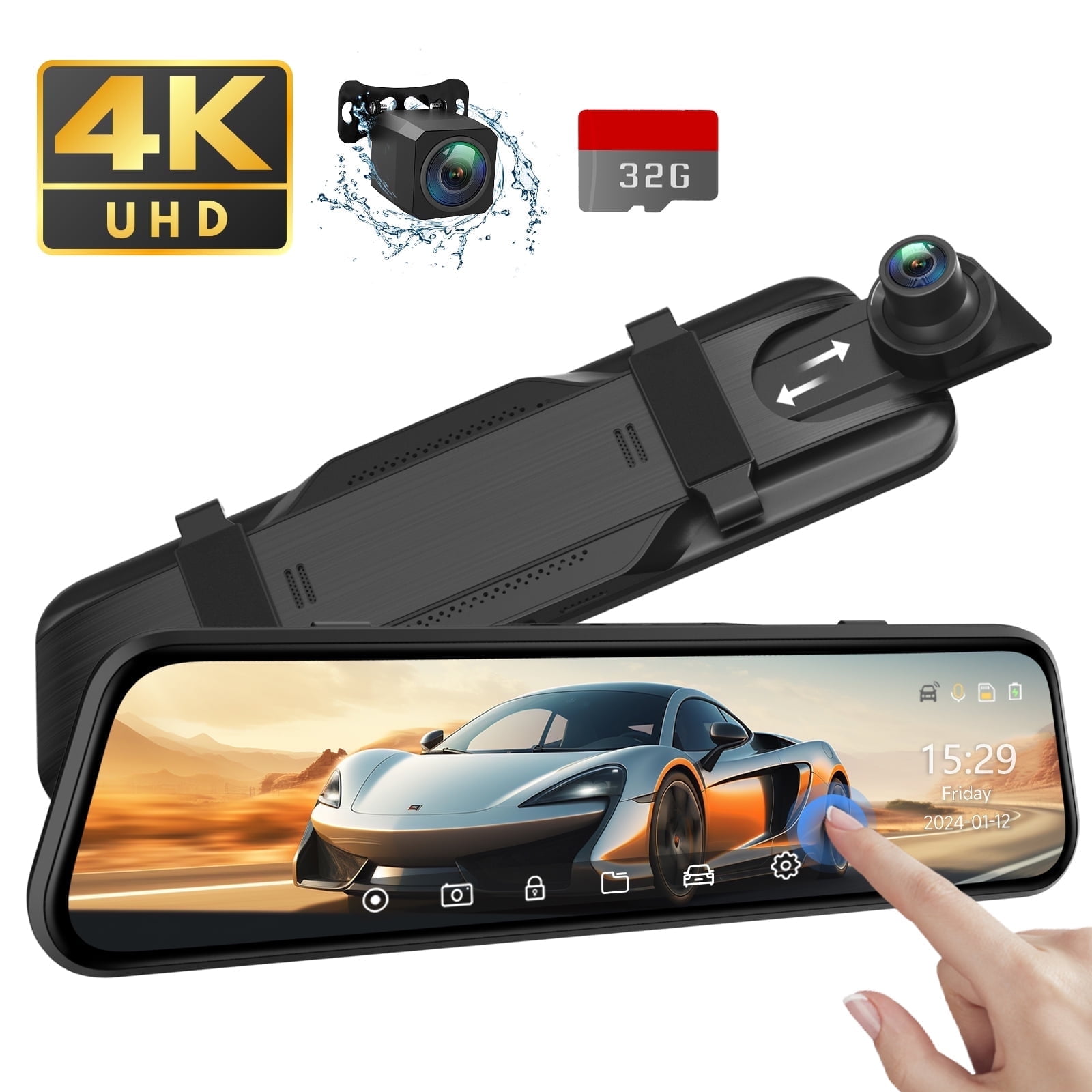UDH 10" Rear View Mirror Dash Cam Front and Rear with Touch Screen, 4K ...