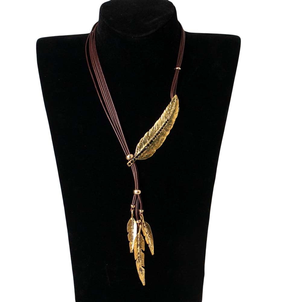 UDIYO Bohemian Women Rhinestone Feather Pendant Faux Leather Rope ...