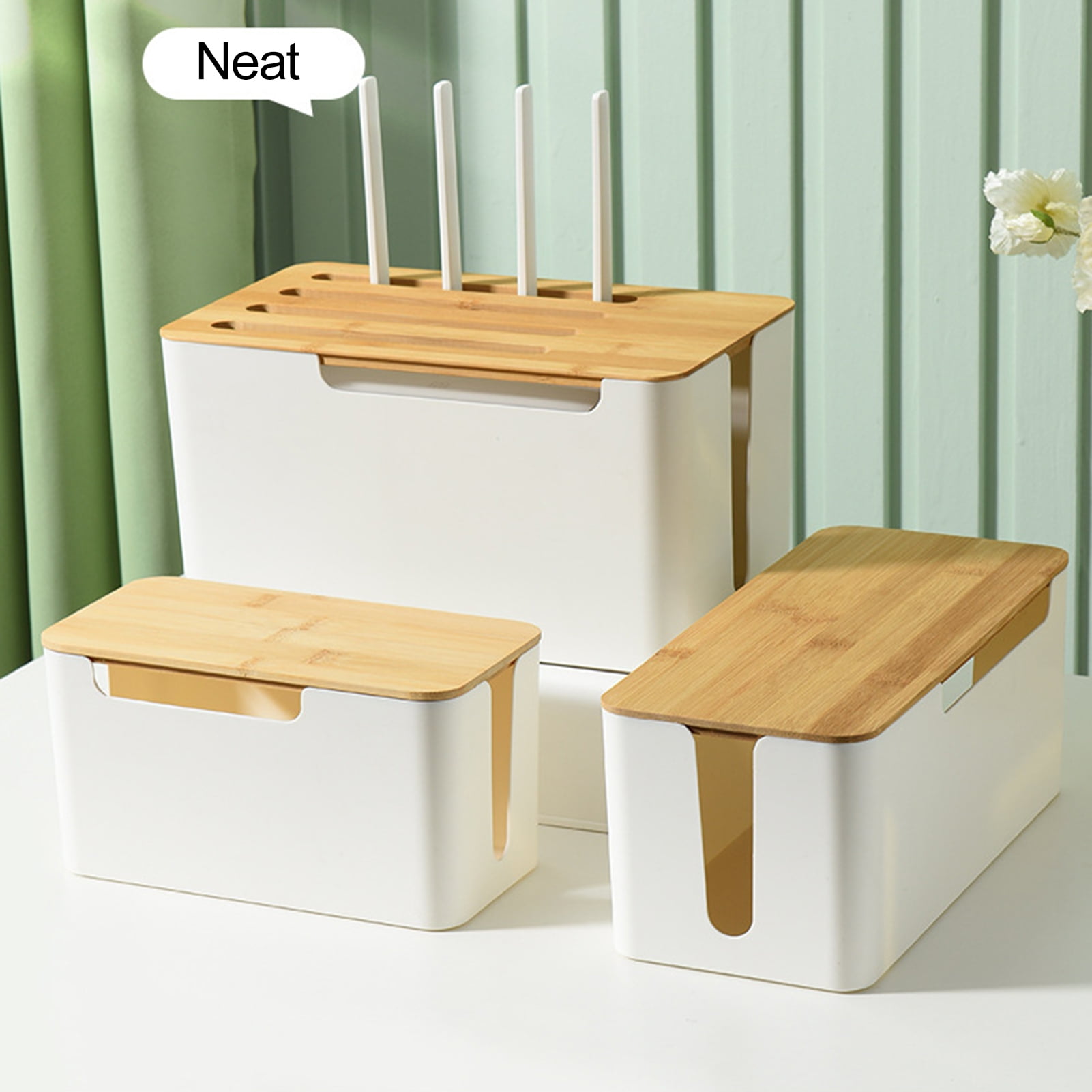 UDIYO Cable Management Box, Desk Wire Organizer with Bamboo Lid and 5 ...