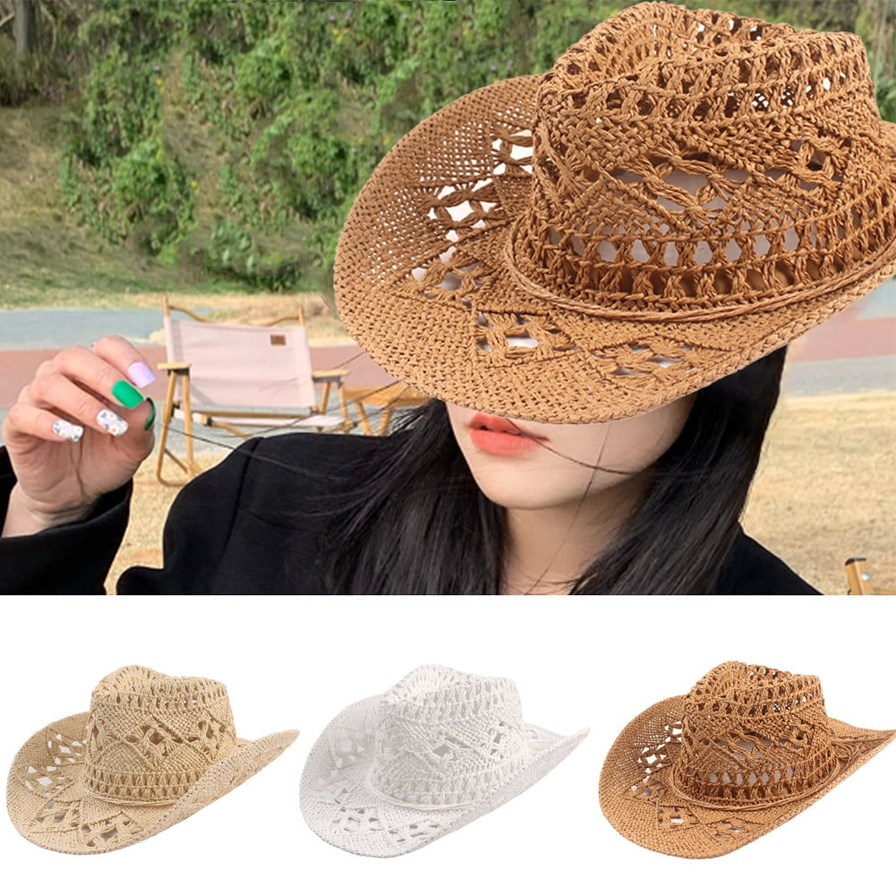 UDIYO Cowboy Hat Hollow Out Curled Edge Wide Brim,Men & Women's Summer ...