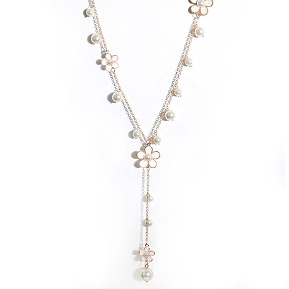 UDIYO Elegant Faux Pearls Flower Sweater Chain Long Necklace Socialite ...