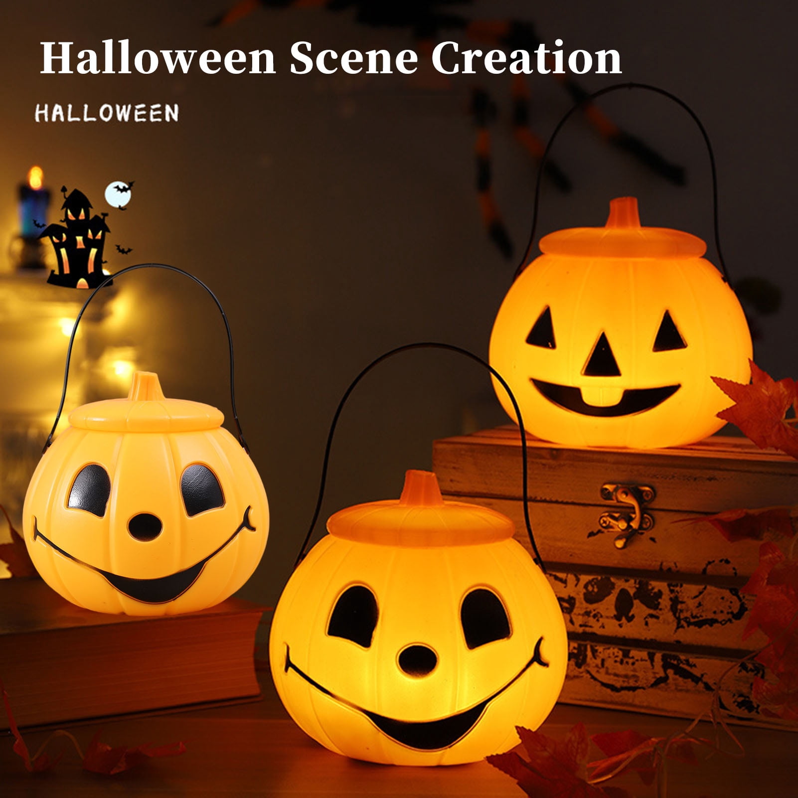 UDIYO Halloween Glowing Pumpkin Lamp with Lid Pumpkin Candy Buckets ...