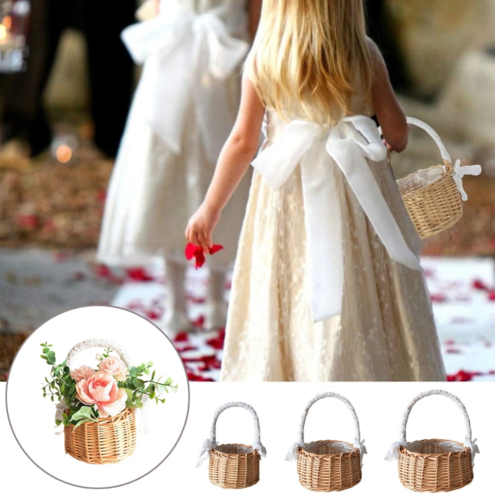 UDIYO Wicker Rattan Flower Basket with Handle and Ribbon, Wedding ...