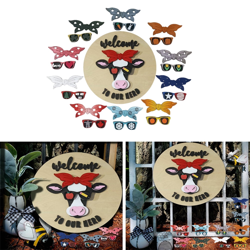 UDIYO Wooden Round Bull Head Welcome Sign, Replaceable Decoration Wood ...