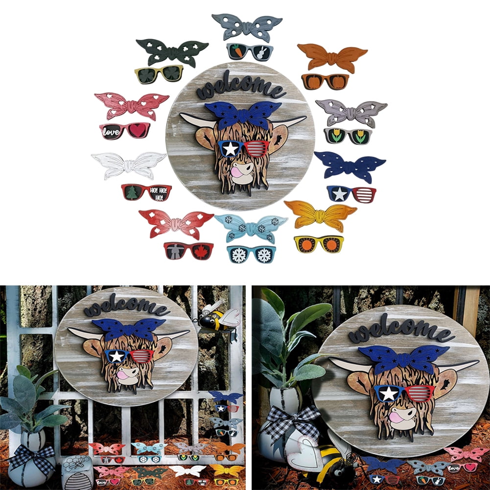 UDIYO Wooden Round Bull Head Welcome Sign, Replaceable Decoration Wood ...