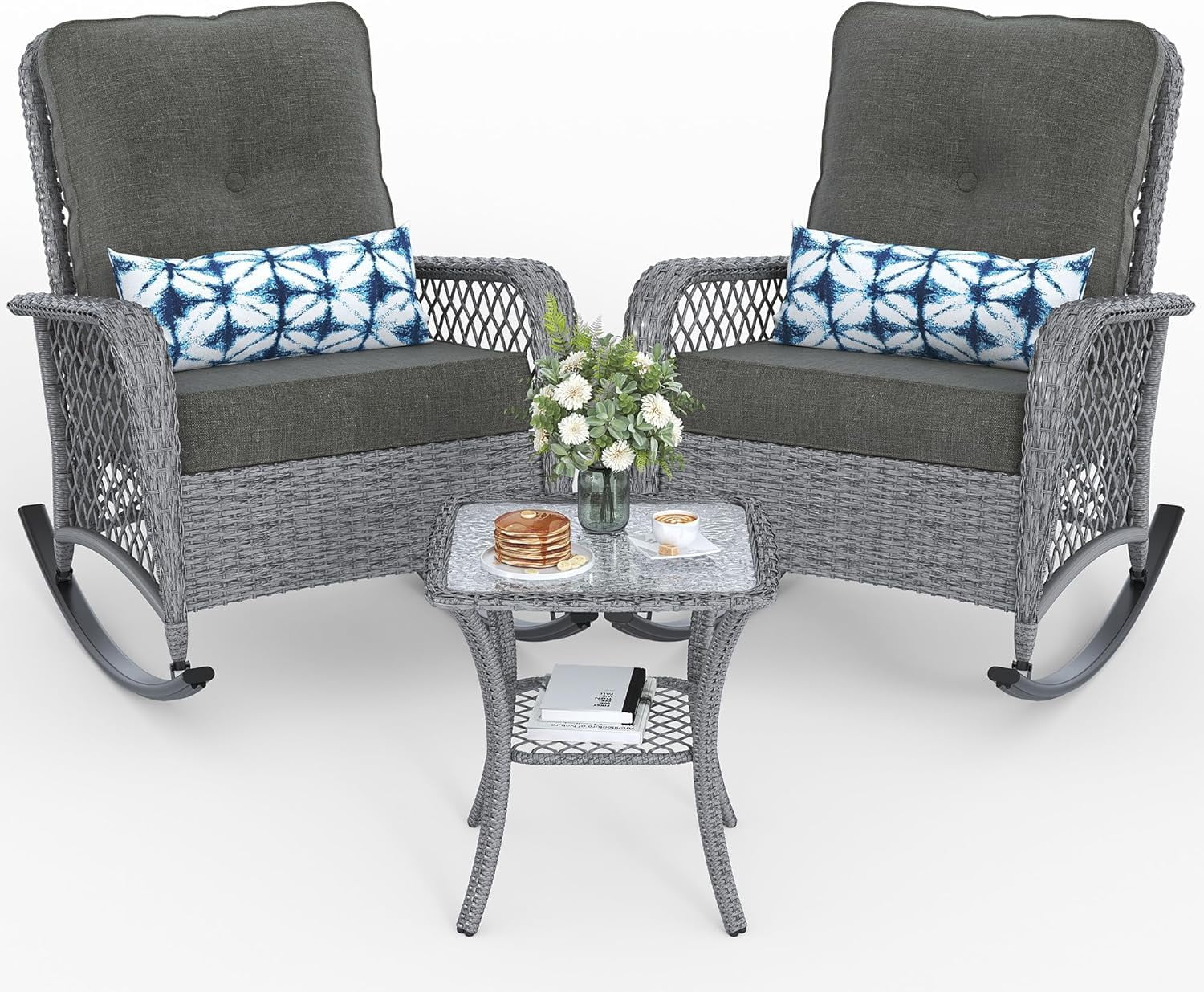 UDPATIO 3 Piece Patio Rocking Chair Set, Wicker Outdoor Rocking Bistro ...