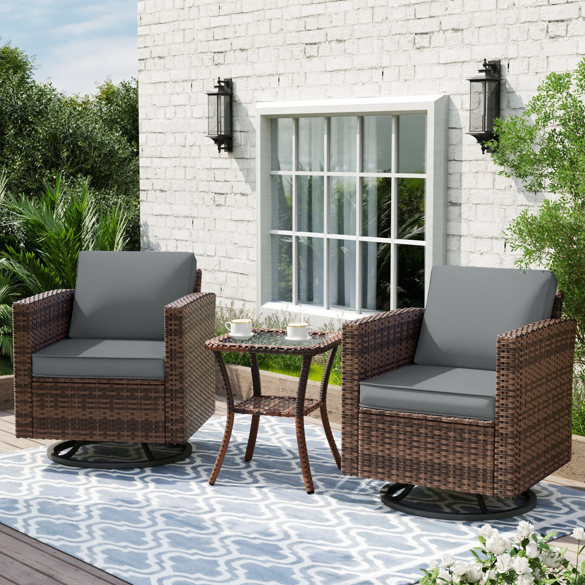 UDPATIO Rocking Swivel Chairs Set with Coffee Table, 3-Piece Outdoor ...