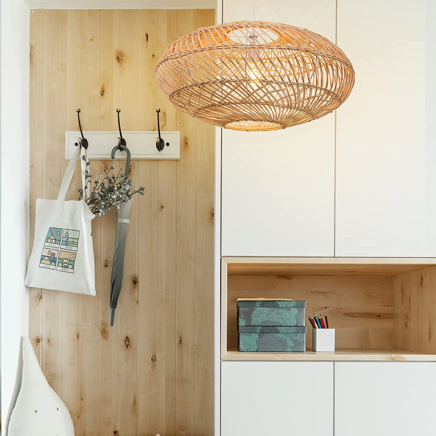 UEEYAC Basket Rattan Pendant Light Shade Pastoral Wicker Hanging Lamps ...