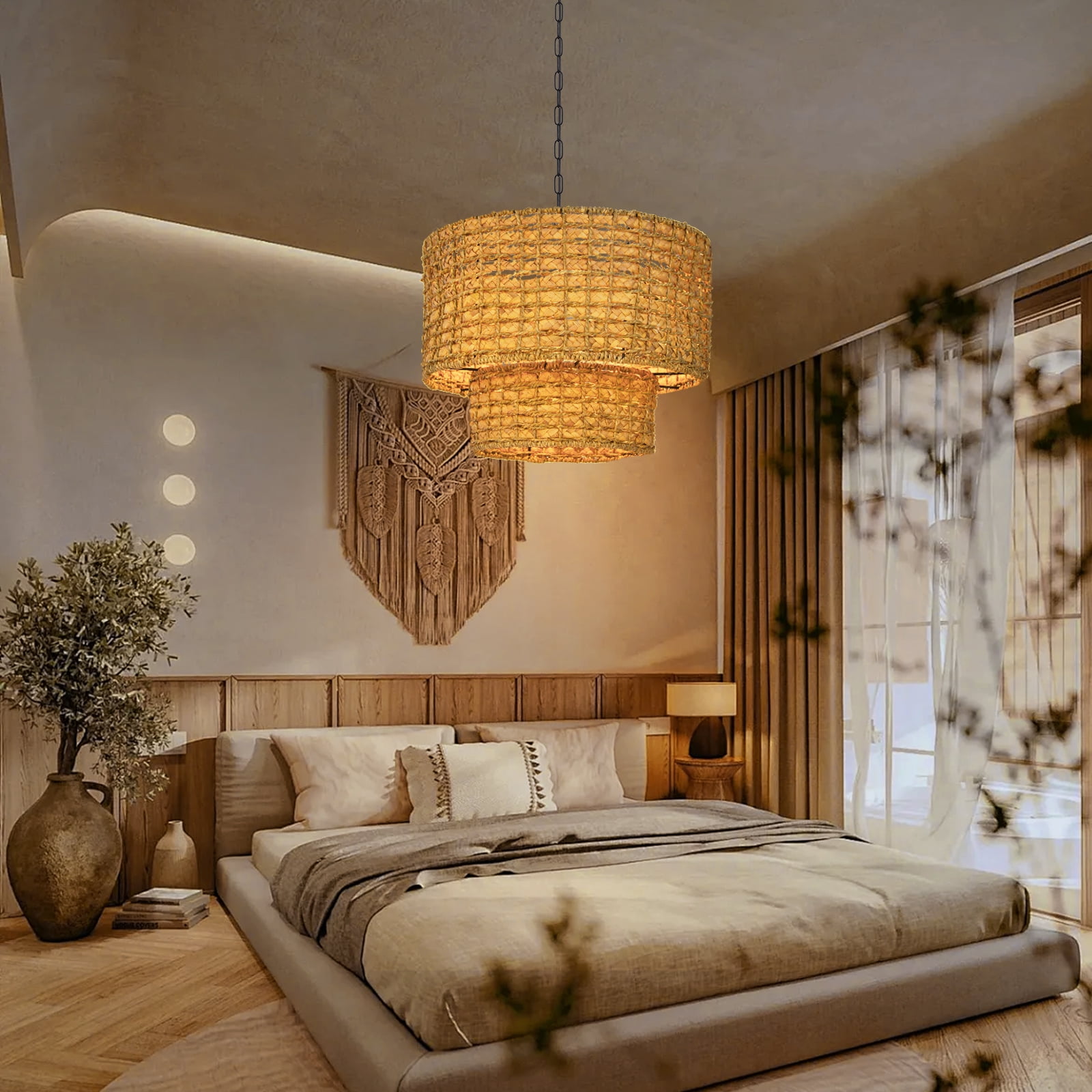 UEEYAC Double layer Natural Rattan Shade Traditional Drum Hanging Pendant Light - Walmart.com