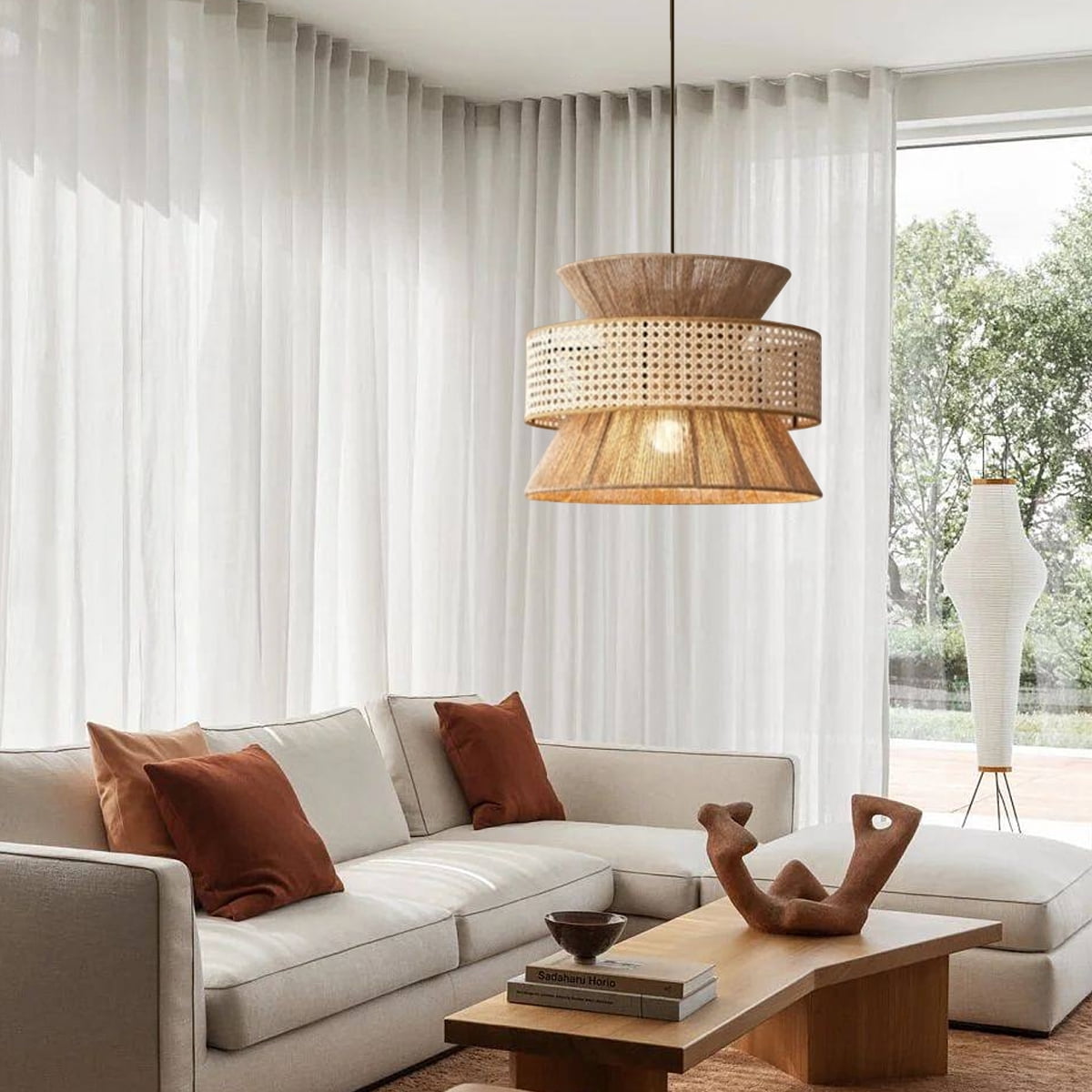 UEEYAC Mid-century Wabi Sabi Hemp Rope Pendants Rattan Hanging Light ...