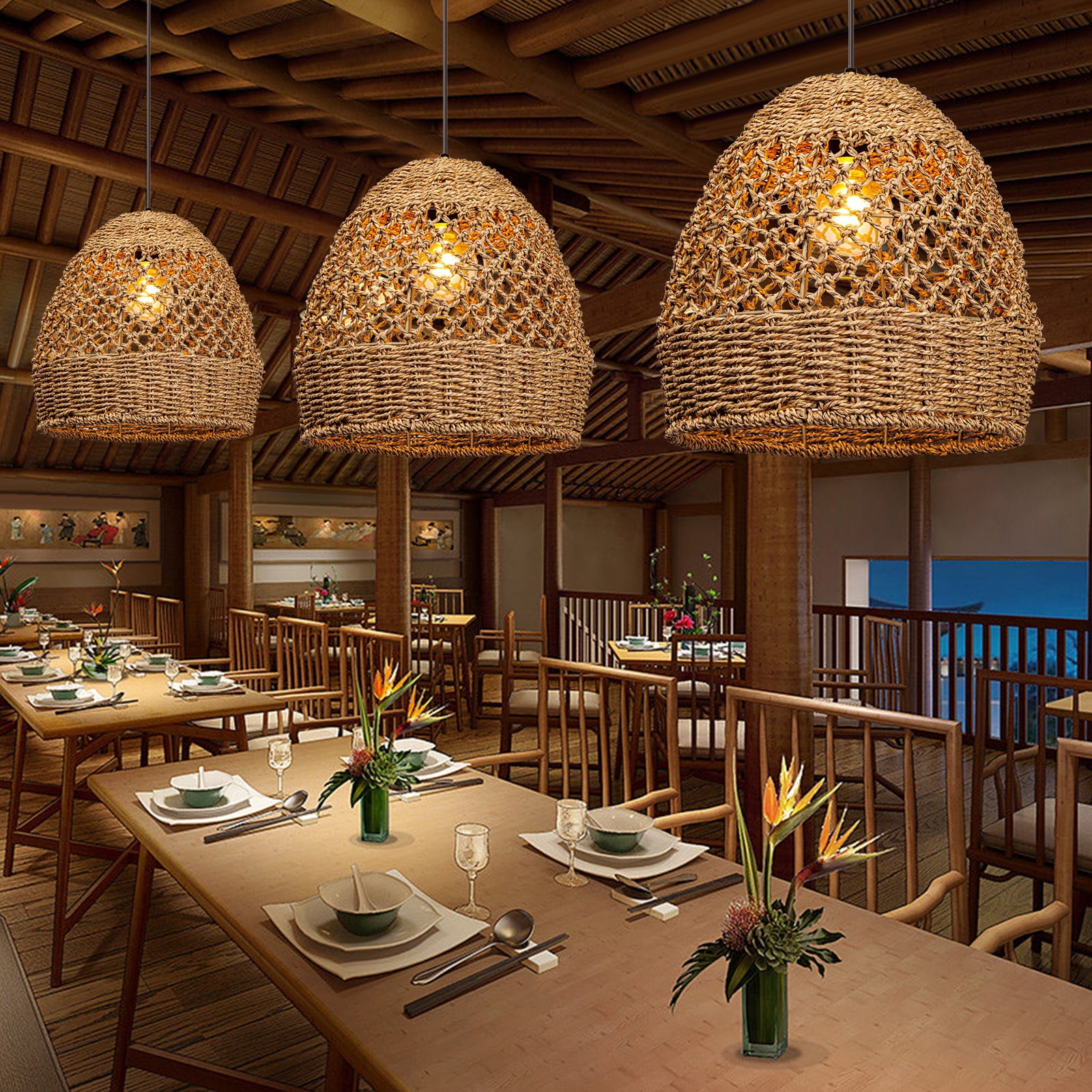 UEEYAC Natural Seagrass Lampshade Rattan Pendant Light Handmade Lamp ...