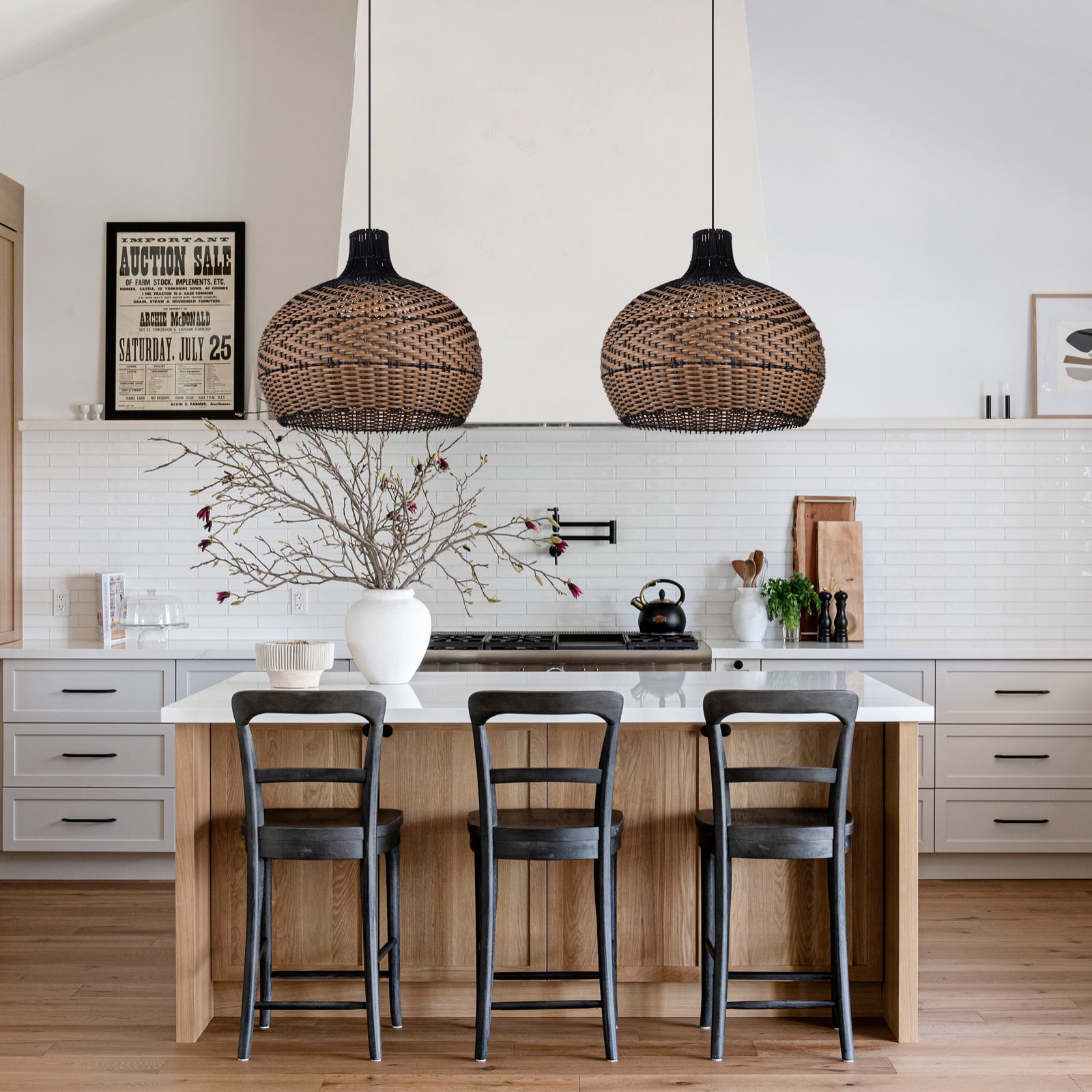 UEEYAC Wabi-sabi Black Rattan Ceiling Light Beautiful Herringbone Weave ...