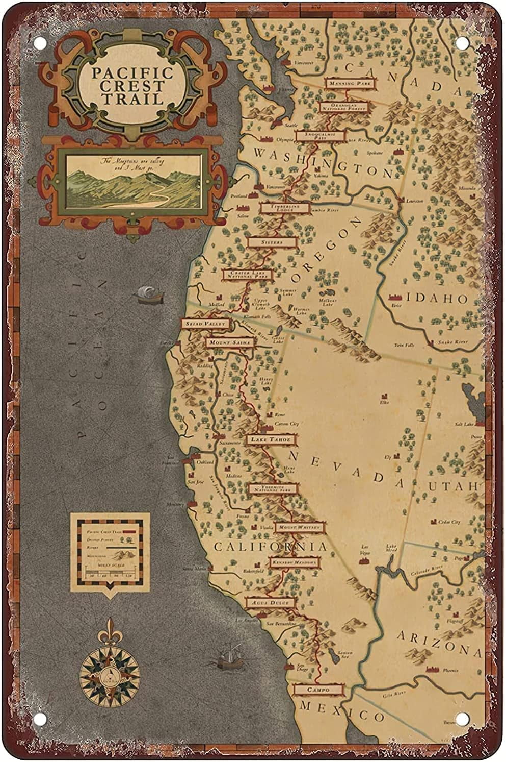 UEJUNBO Pacific Crest Trail Map Vintage Maps Poster Old Maps For Living ...