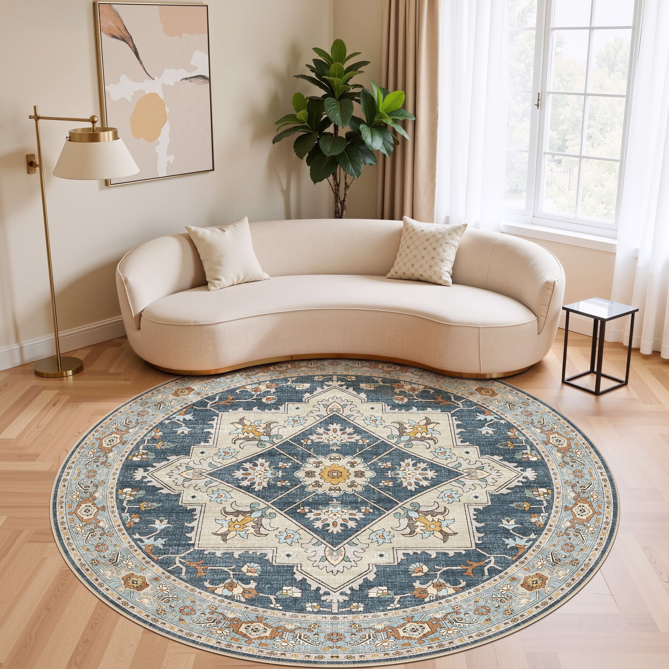UERMEI 6'x6' Round Washable Area Rugs for Living Room, Vintage Floral ...