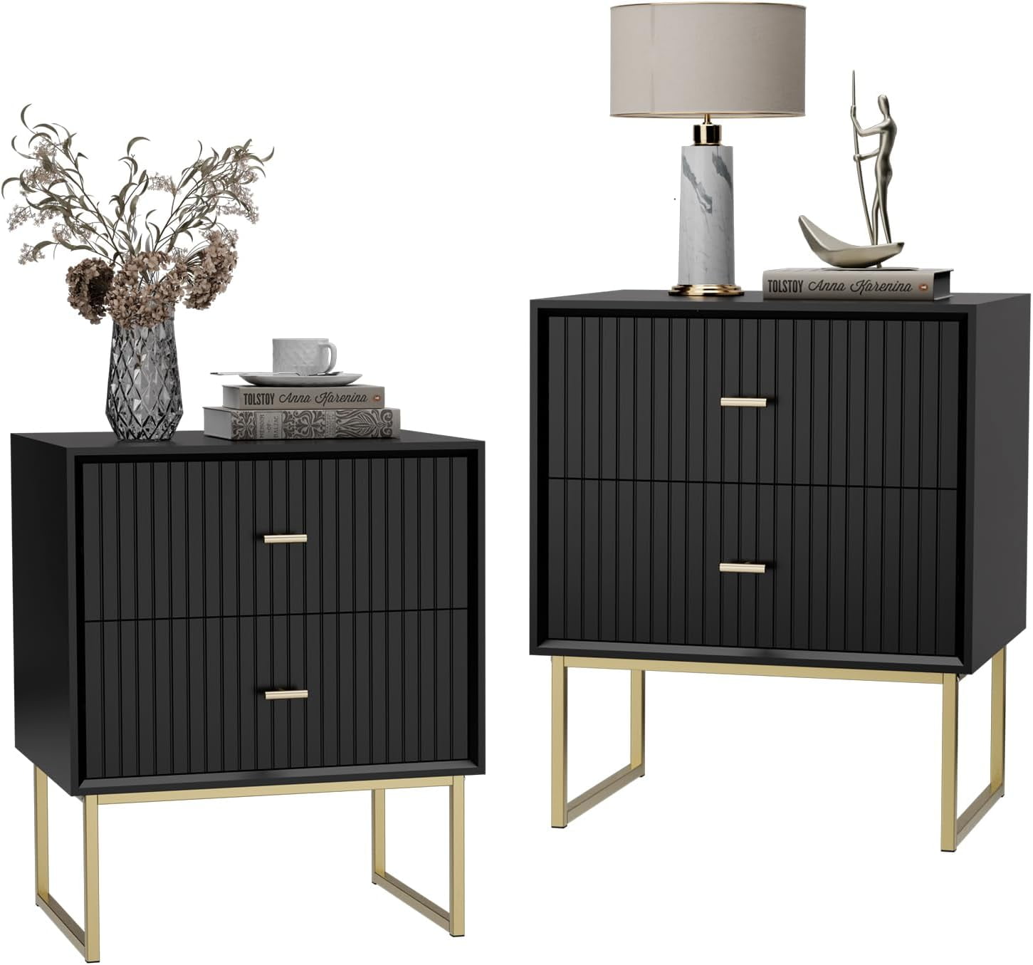 UEV Black Nightstand Set of 2,Modern Grooved Stripes Bed Side Table with 2 Drawers,Wood End ...